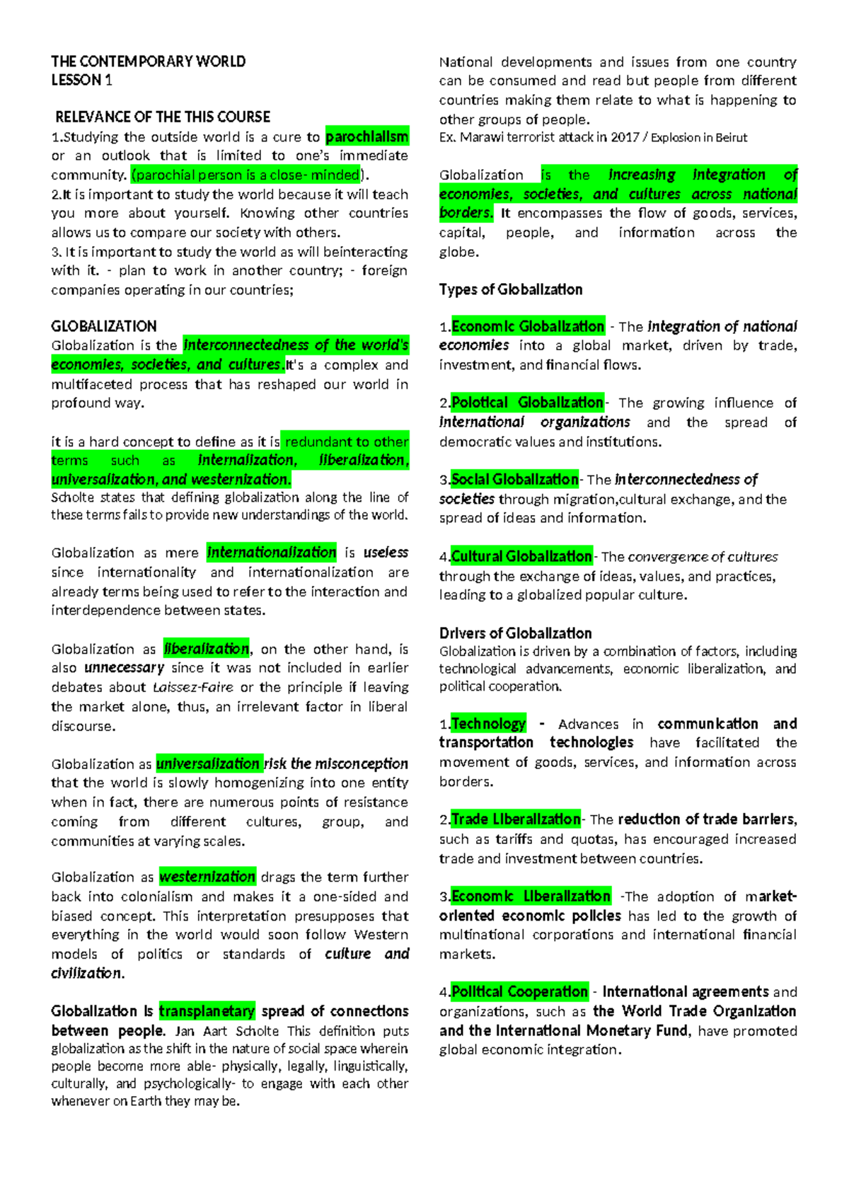 Contem reviewerdocx - THE CONTEMPORARY WORLD LESSON 1 RELEVANCE OF THE ...