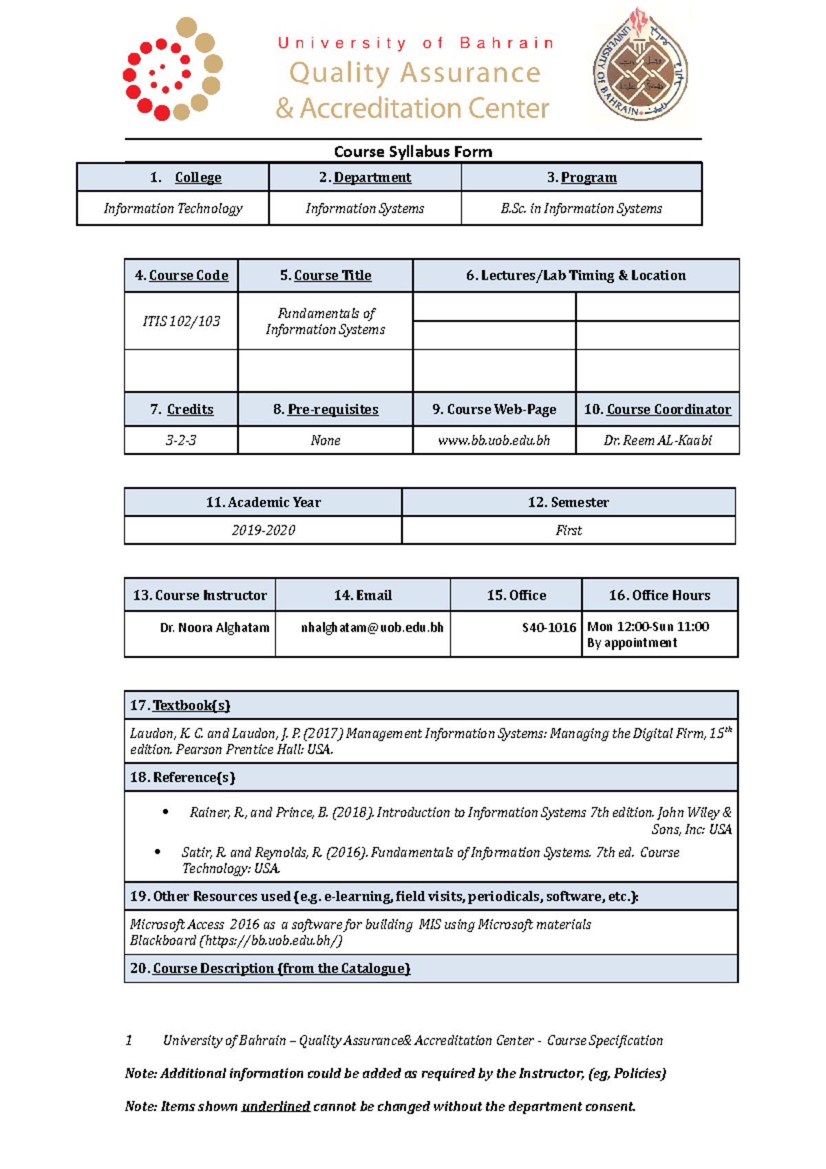 102103 course outline s2 2019 2020 (1) - Course Syllabus Form College 2 ...
