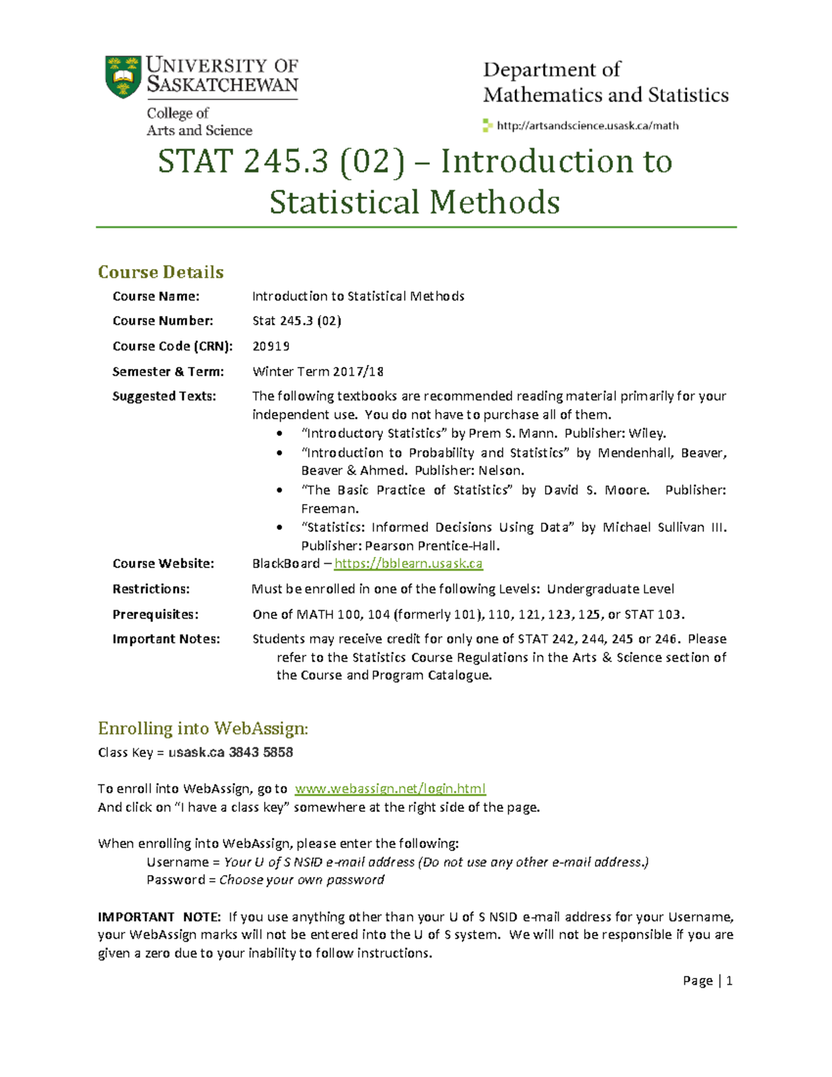 Stat 245 - Course Outline - Warning: TT: undefined function: 32 Warning: TT: undefined function ...