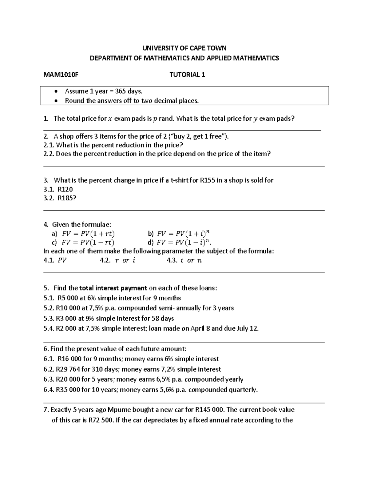 MAM -Tutorial 1_2023 - UNIVERSITY OF CAPE TOWN DEPARTMENT OF ...