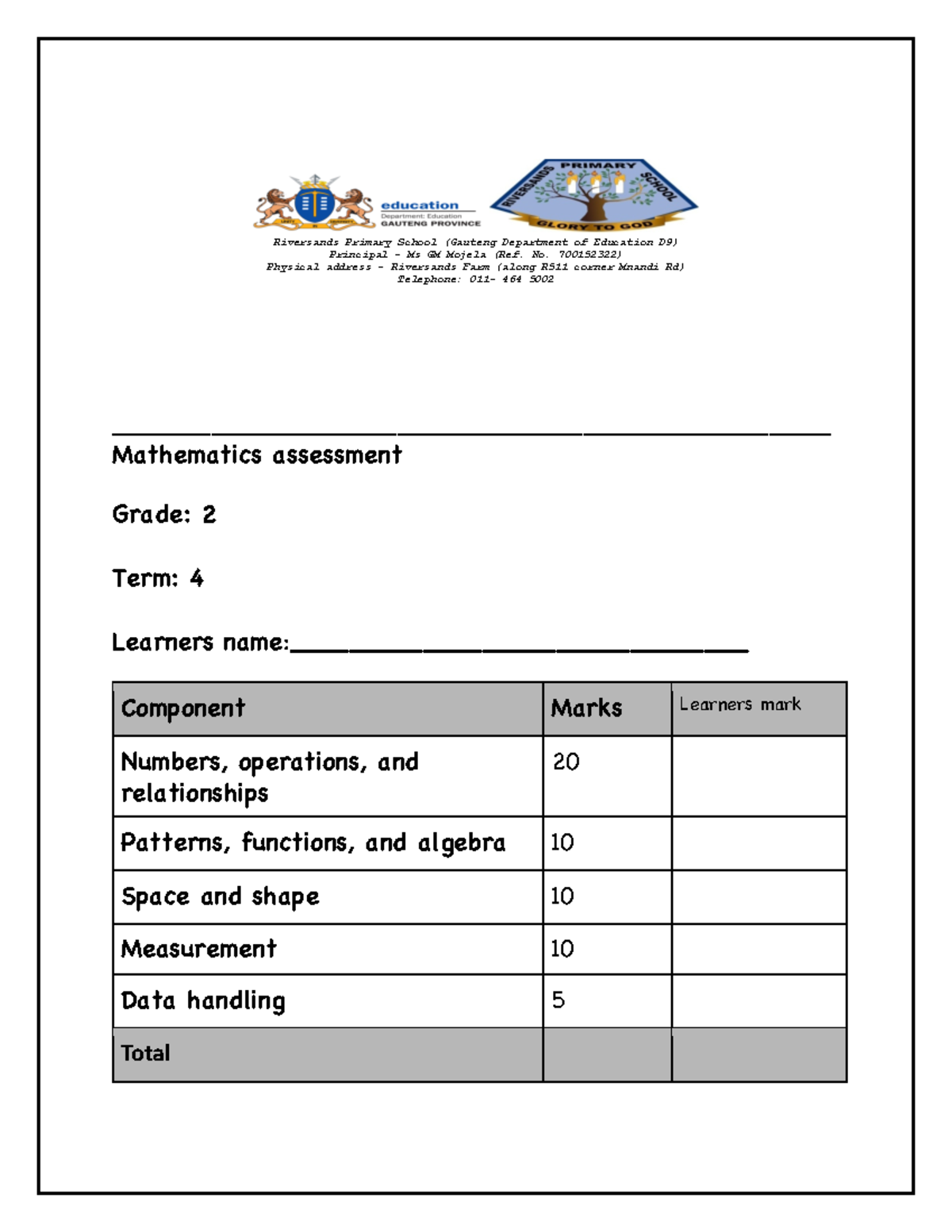 Mathematics Assessment Term 4 2024 2 - Riversands Primary School ...