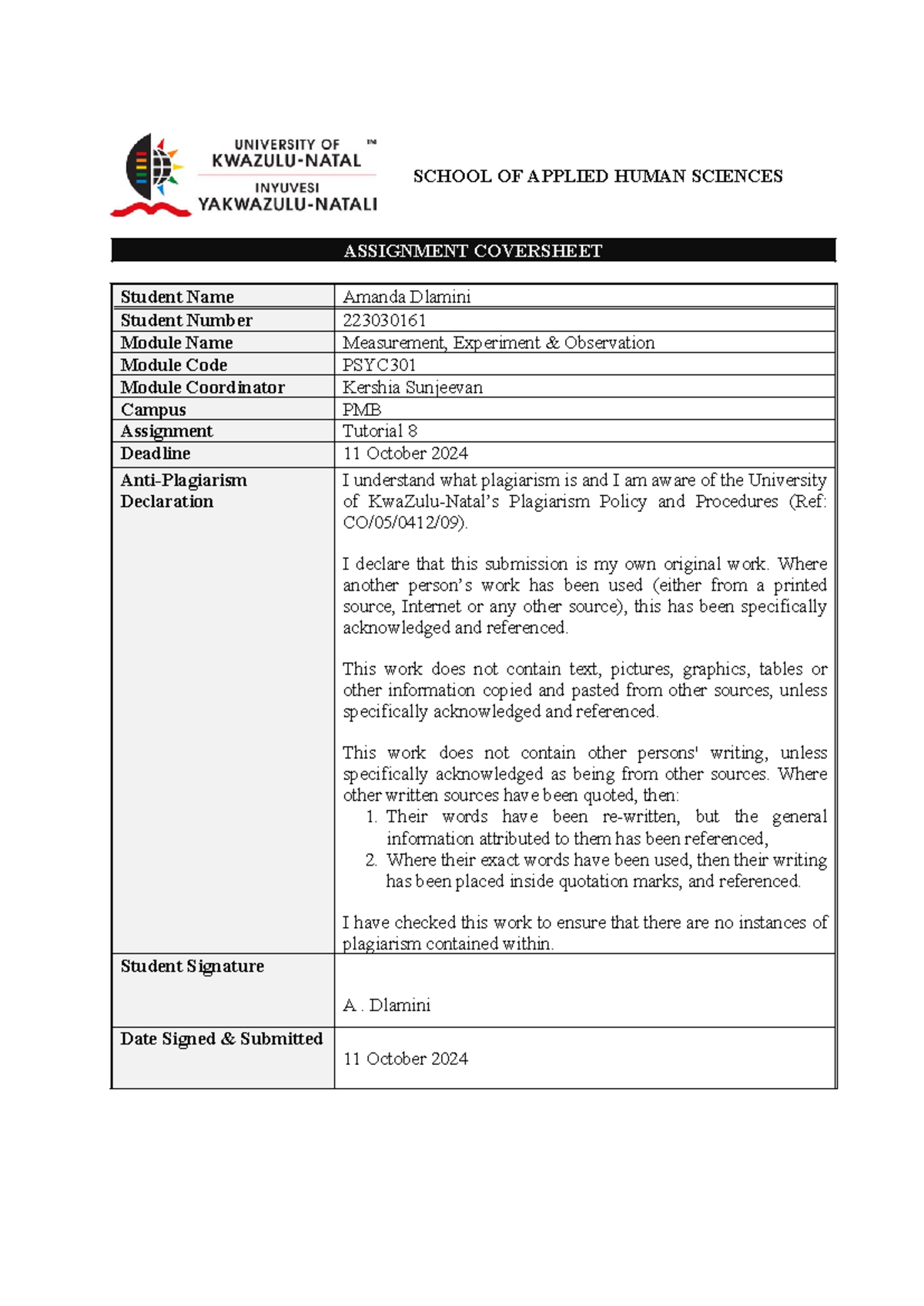 Tut 8 - tutorial work - SCHOOL OF APPLIED HUMAN SCIENCES ASSIGNMENT ...