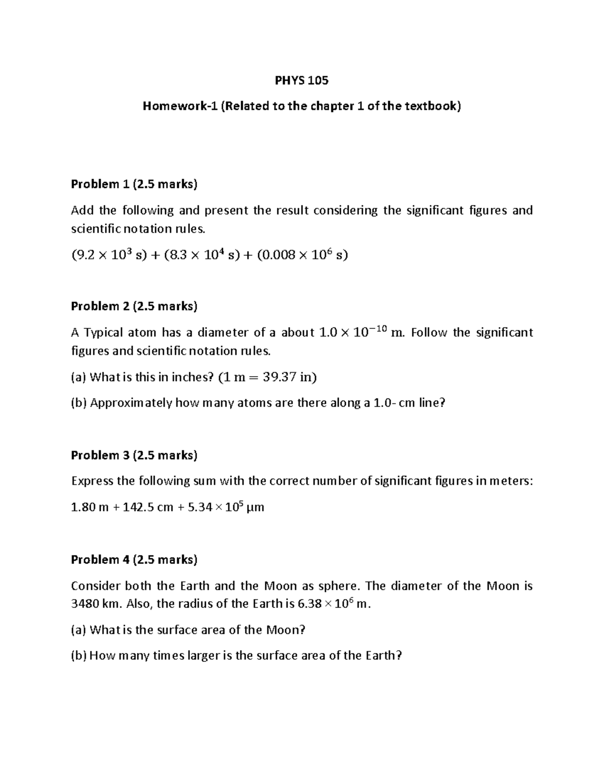HW-1 PHYS 105-3 - HW PP set 1 - PHYS 105 Homework-1 (Related to the chapter 1 of the textbook ...