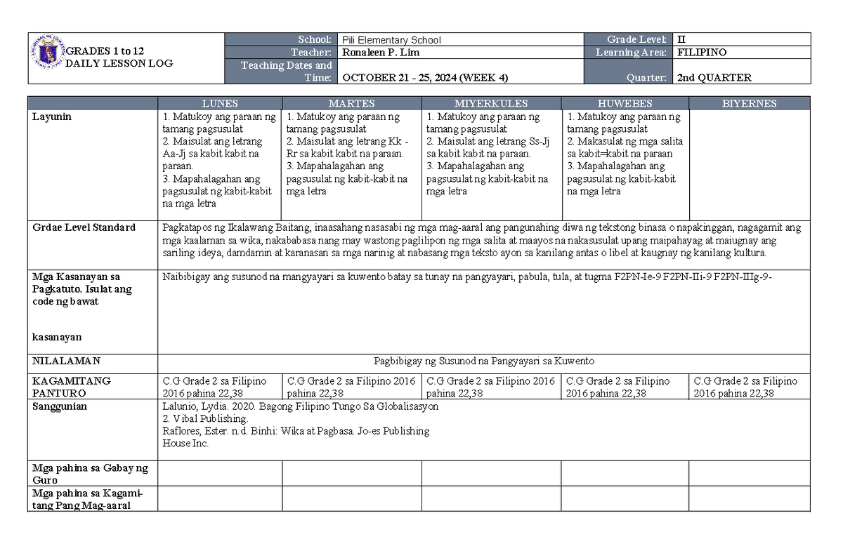 DLL Filipino 2 Q2 W4 - lesson plan - GRADES 1 to 12 DAILY LESSON LOG ...