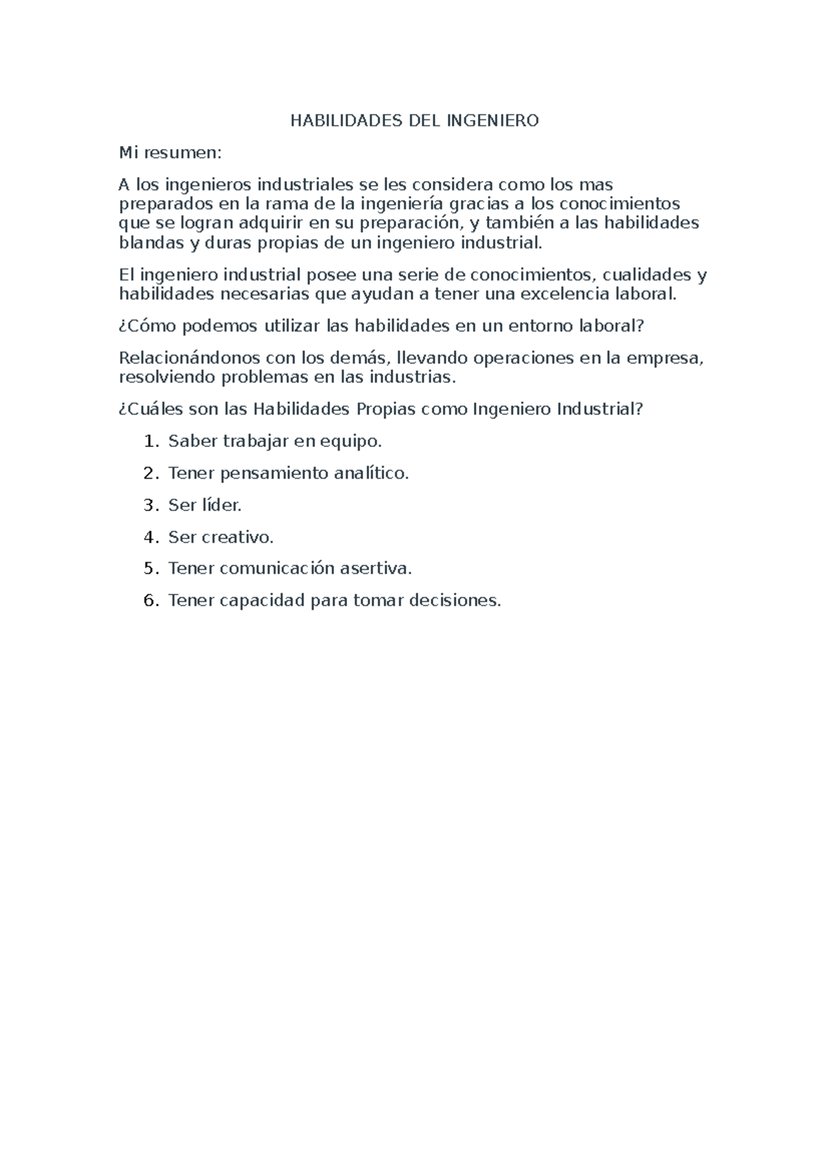 Habilidades DEL Ingeniero - HABILIDADES DEL INGENIERO Mi resumen: A los ...