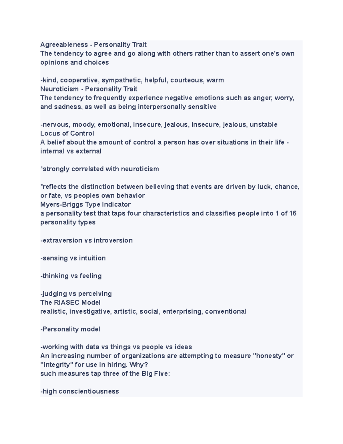 MGT410 #14 - review - Agreeableness - Personality Trait The tendency to ...