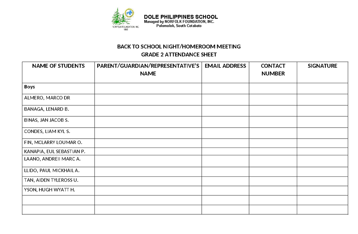 Parents' Orientation Attendance Sheet - DOLE PHILIPPINES SCHOOL Managed ...
