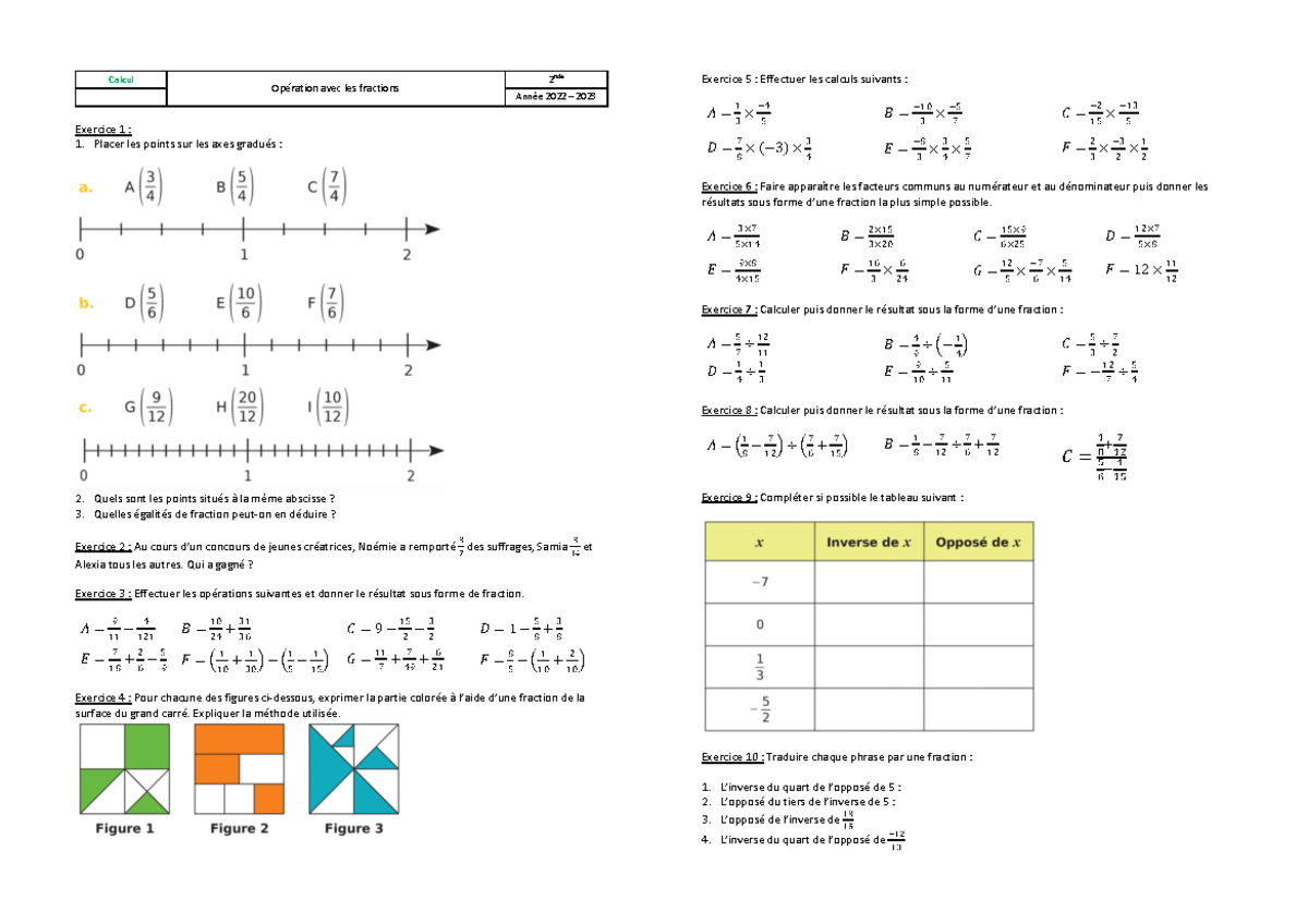 Fiche fractions - Calcul Opération avec les fractions 2 nde Année 2022 ...