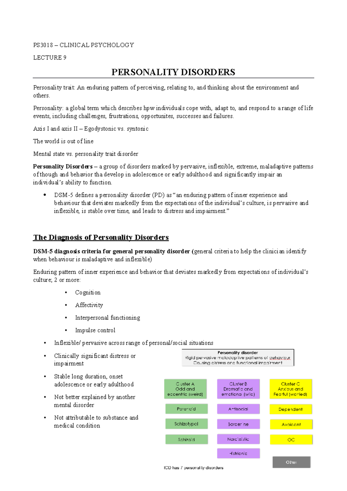 Personality Disorder - PS3018 – CLINICAL PSYCHOLOGY LECTURE 9 ...