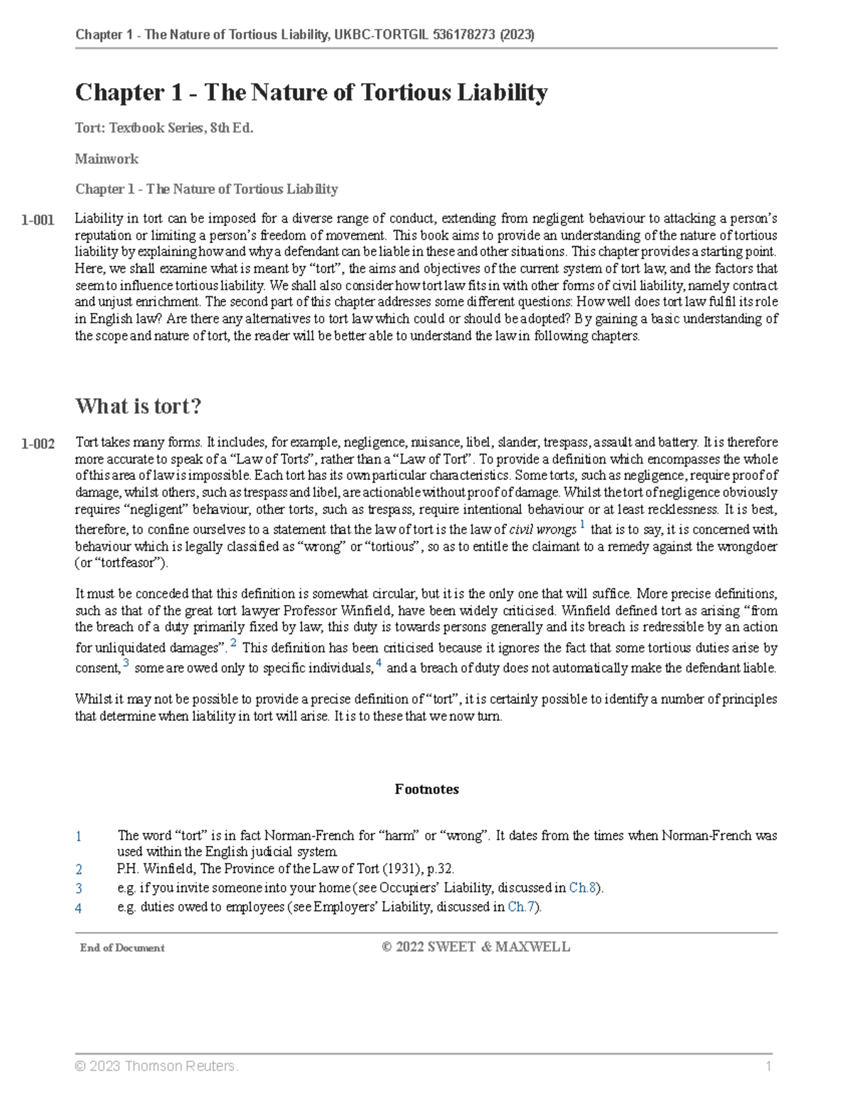 Westlaw UK - 45 full text items for Tort Textbook Series 8th Ed ...