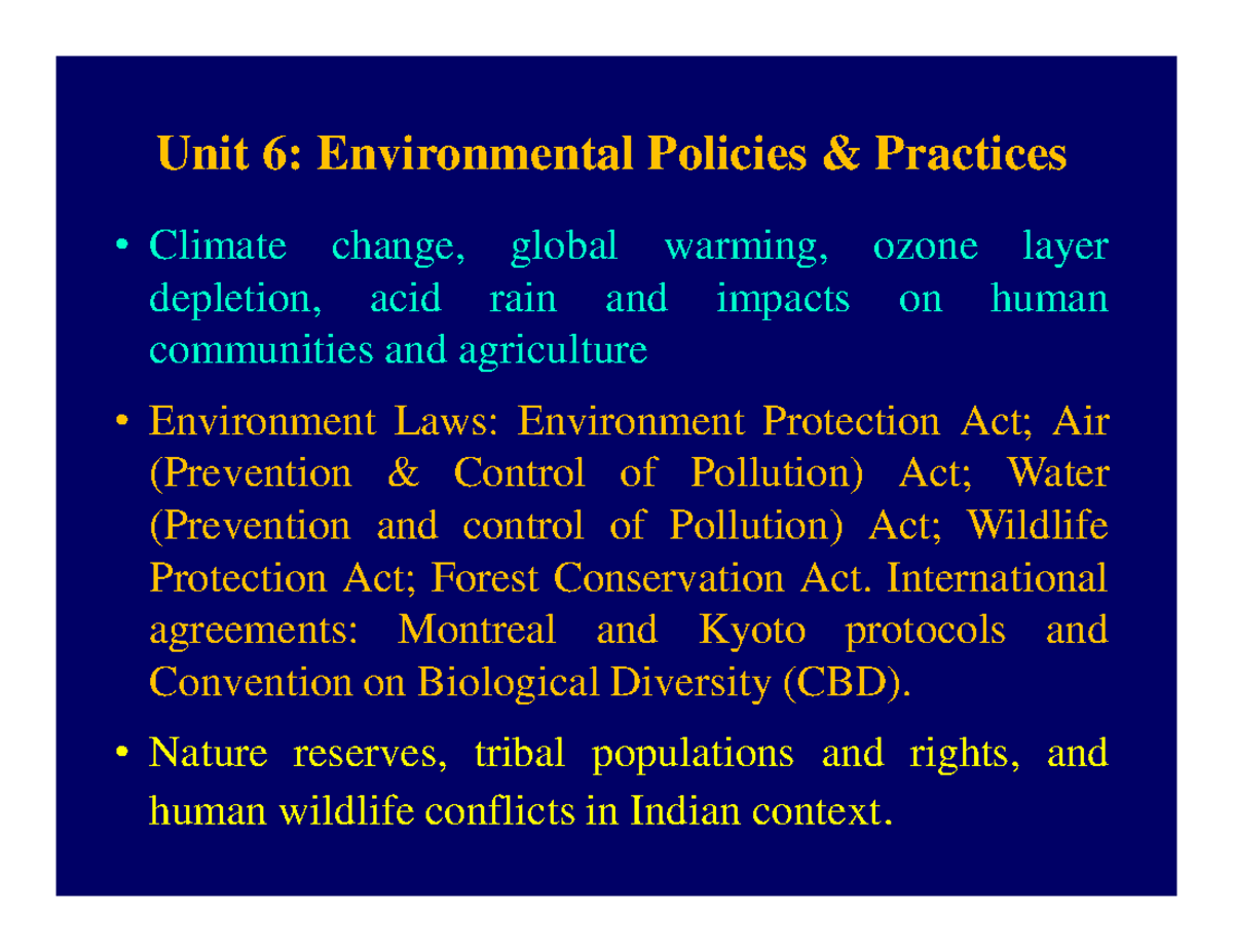 Unit 6 EVS - EVS syllabus - Unit 6: Environmental Policies & Practices ...
