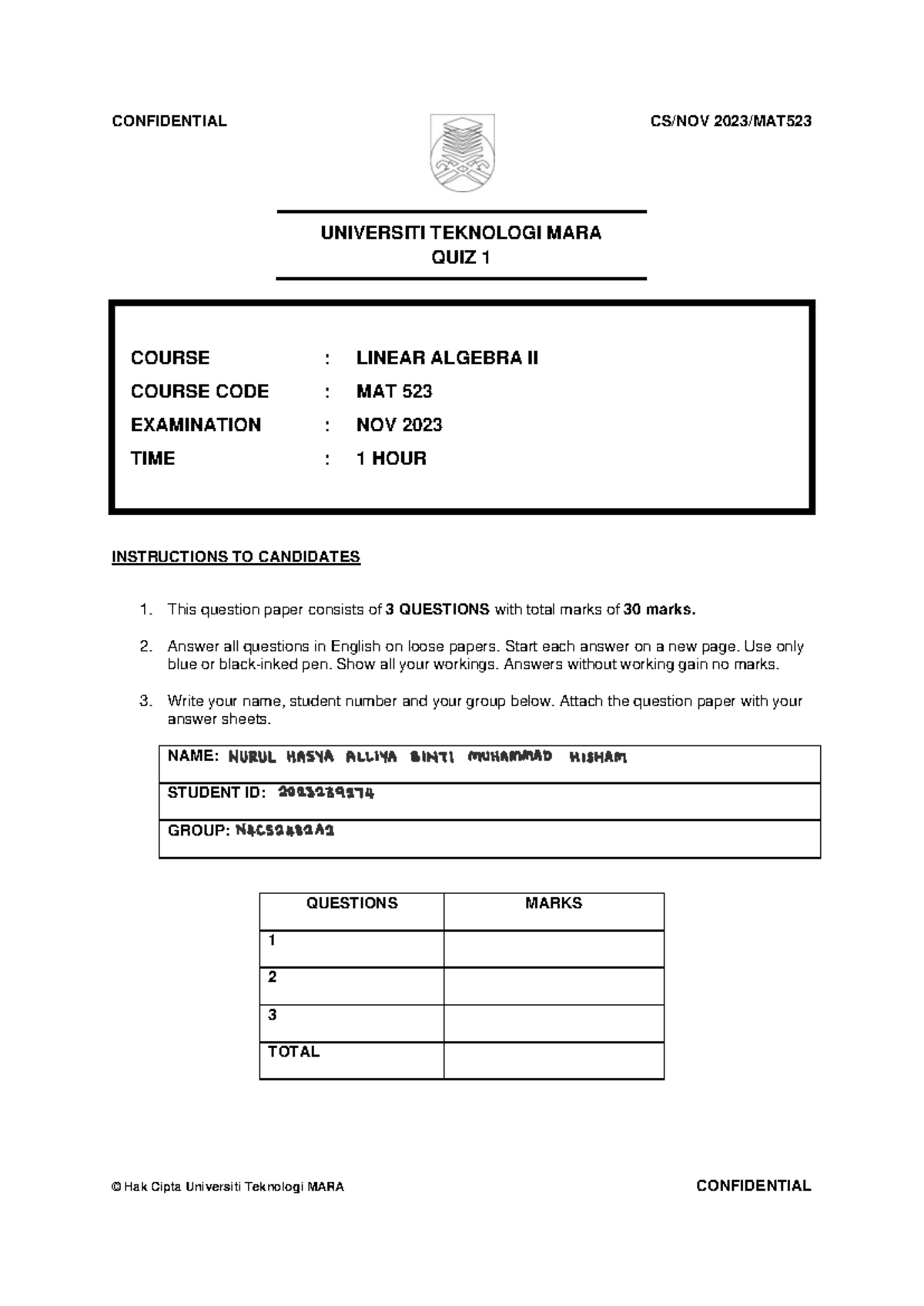QUIZ 1 MAT523 NOV 23 SET 2ans - UNIVERSITI TEKNOLOGI MARA QUIZ 1 COURSE : LINEAR ALGEBRA II ...