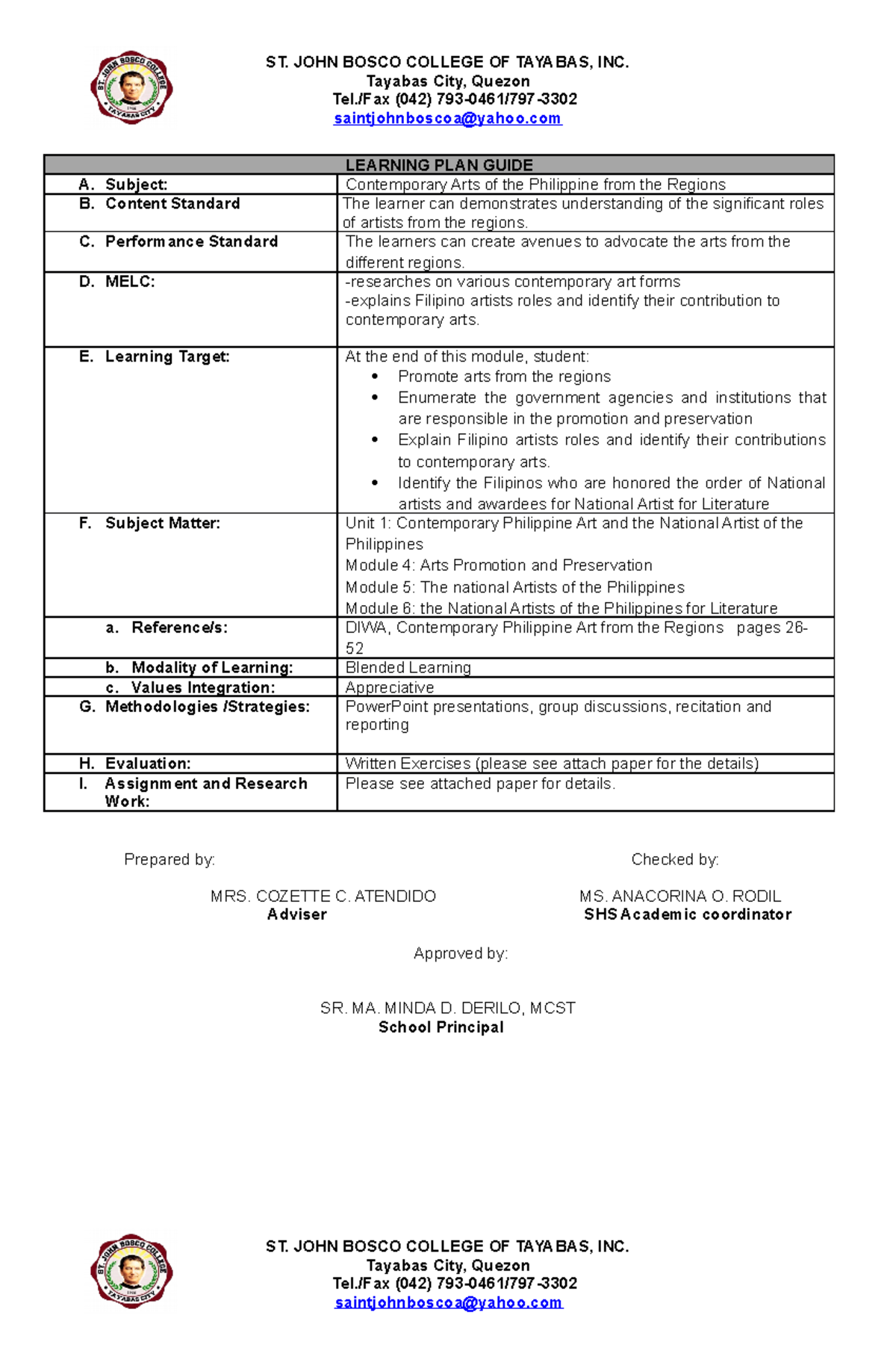 Contemp arts 1st Q Oct - ST. JOHN BOSCO COLLEGE OF TAYABAS, INC ...