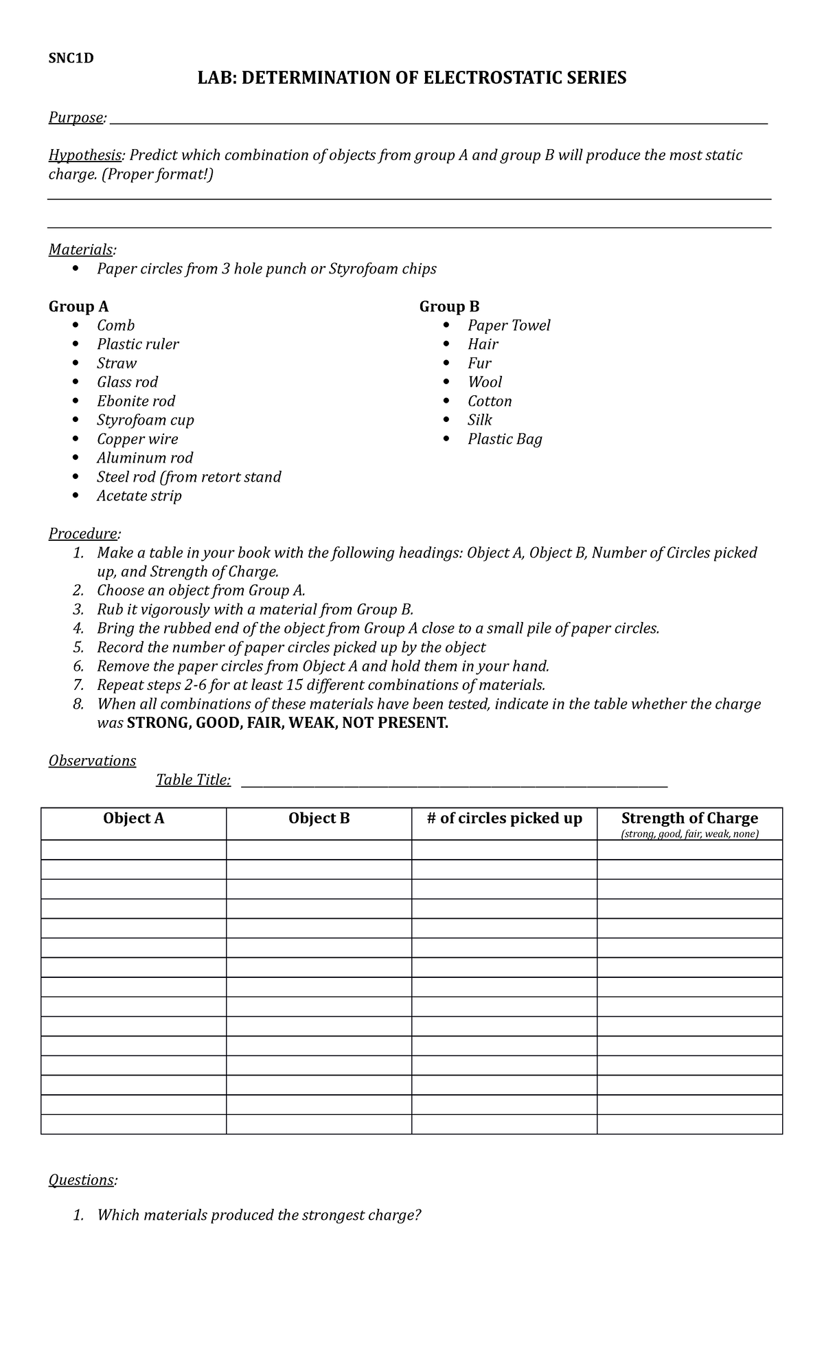 02 - LAB Electrostatic Series - SNC1D LAB: DETERMINATION OF ...