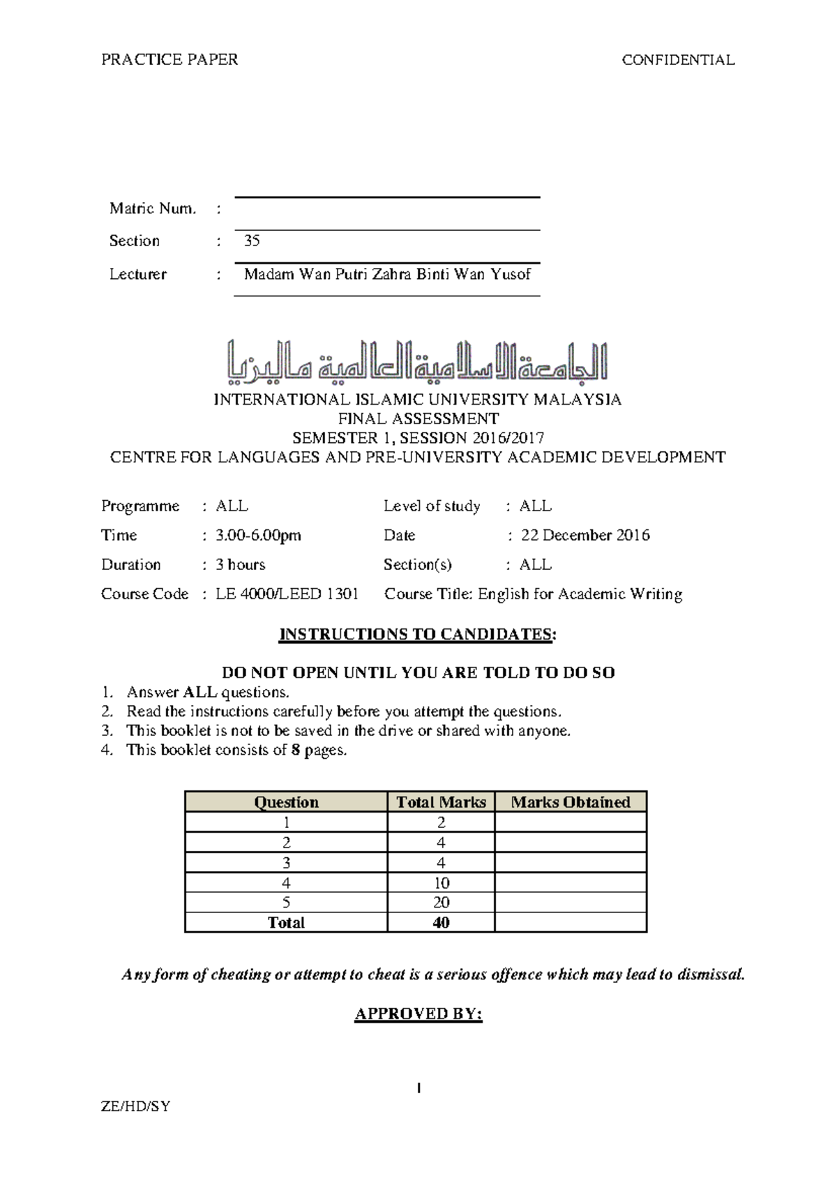 LEED FE Practice Paper 1 Question Paper - 1 Matric Num. : Section : 35 ...