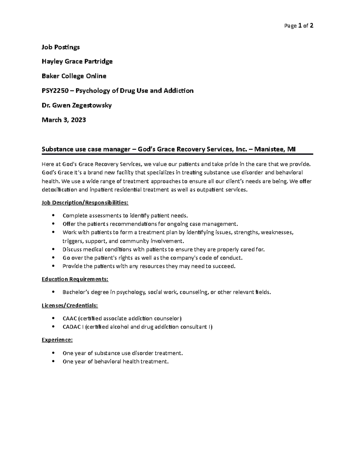 JOB Posting Practice - Page 1 of 2 Job Postings Hayley Grace Partridge ...