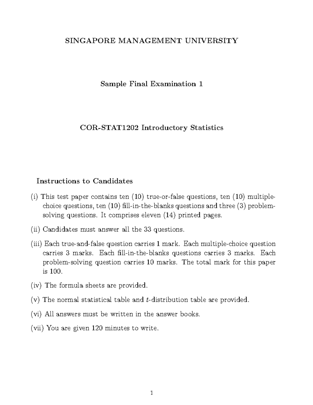 Sample final 1 - SINGAPORE MANAGEMENT UNIVERSITY Sample Final ...