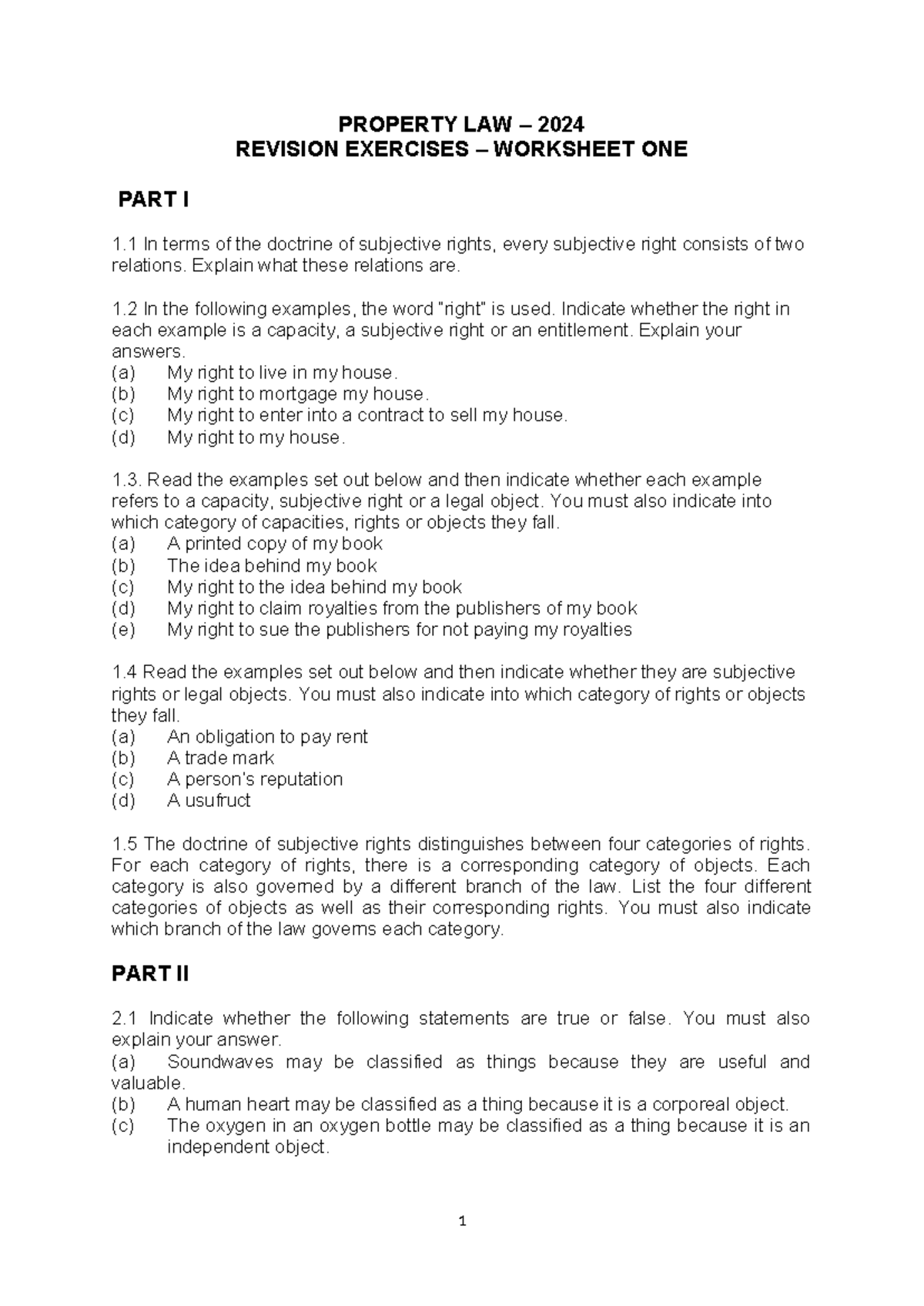 Revision Exercises - Worksheet 1 - PROPERTY LAW – 2024 REVISION ...