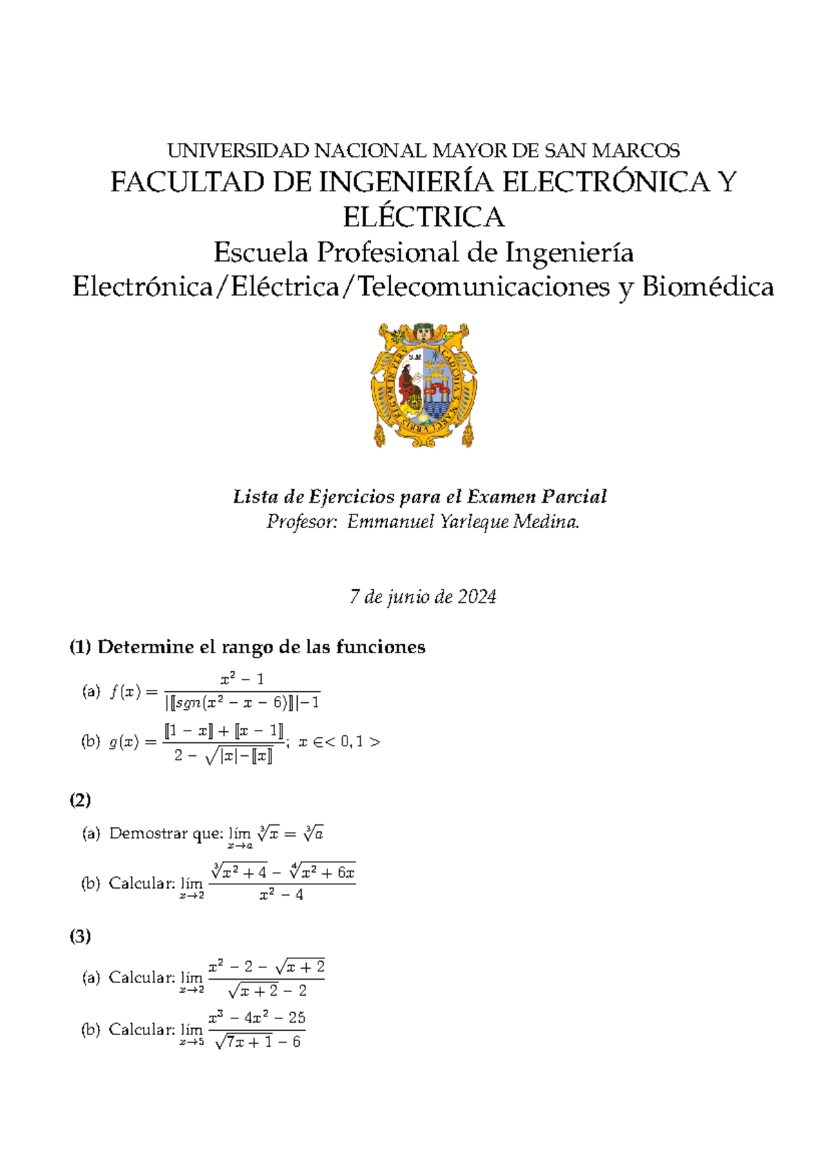 Lista-Ejercicios-Parcial - UNIVERSIDAD NACIONAL MAYOR DE SAN MARCOS FACULTAD DE INGENIER ́IA ...