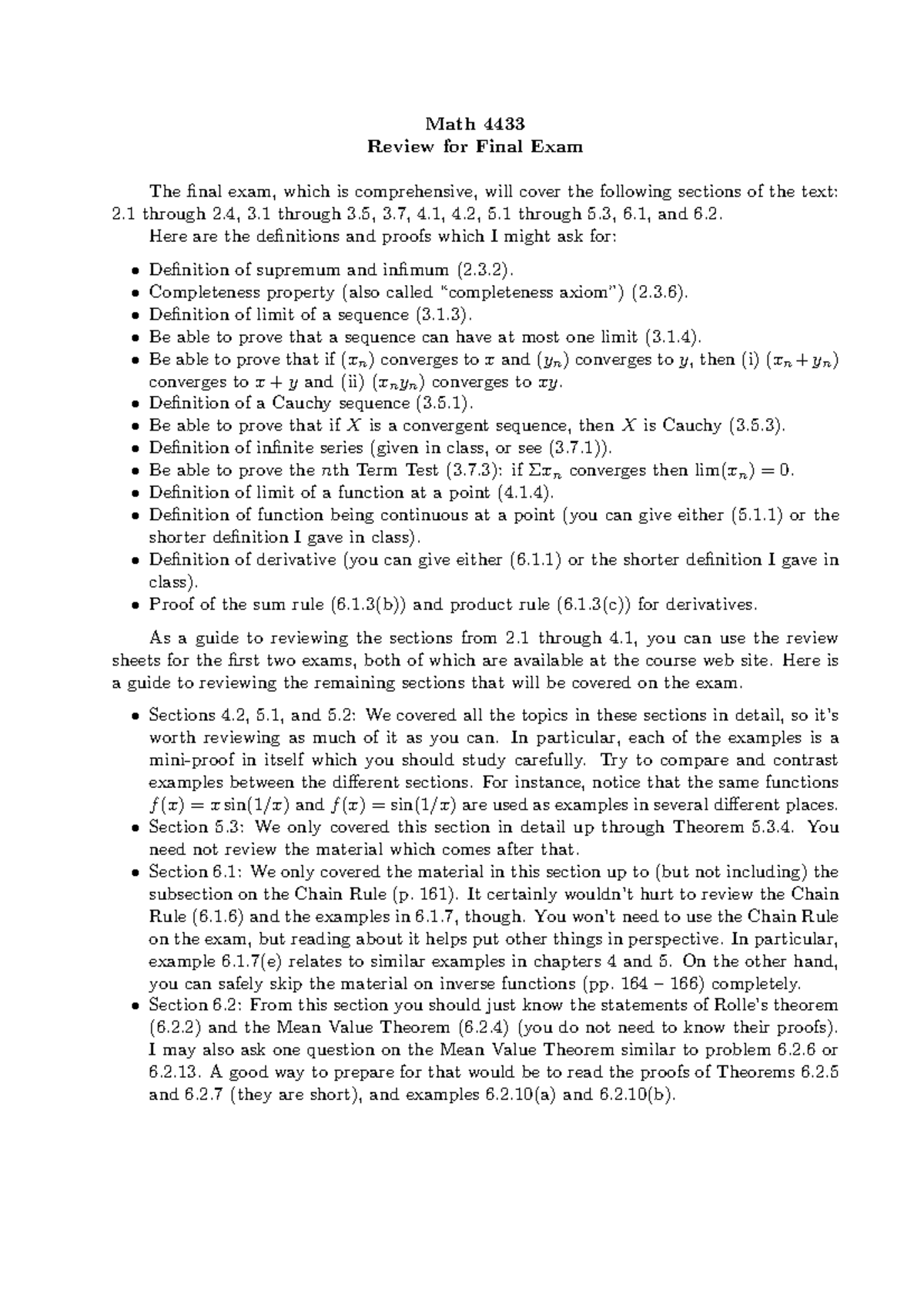 Math 4433 2008 extra - review for final exam - Math 4433 Review for Final Exam The final exam ...