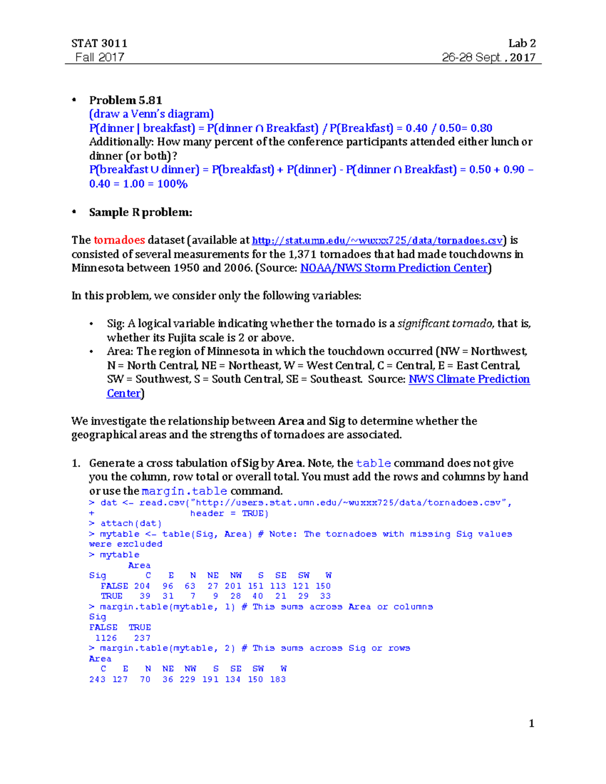 Lab2solution - STAT 3011 Spring 2017 Lab 2 February 2017 Fall 2017 Sept ...