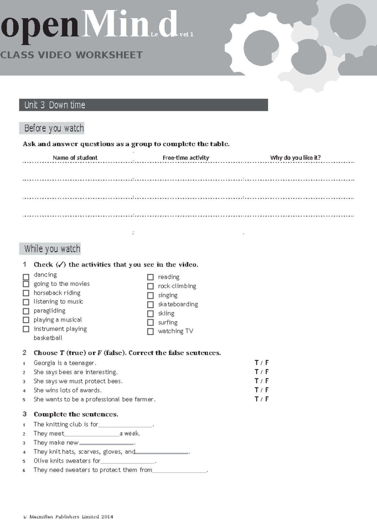 Open Mind 1 Unit 3 class video worksheet - © Macmillan Publishers ...