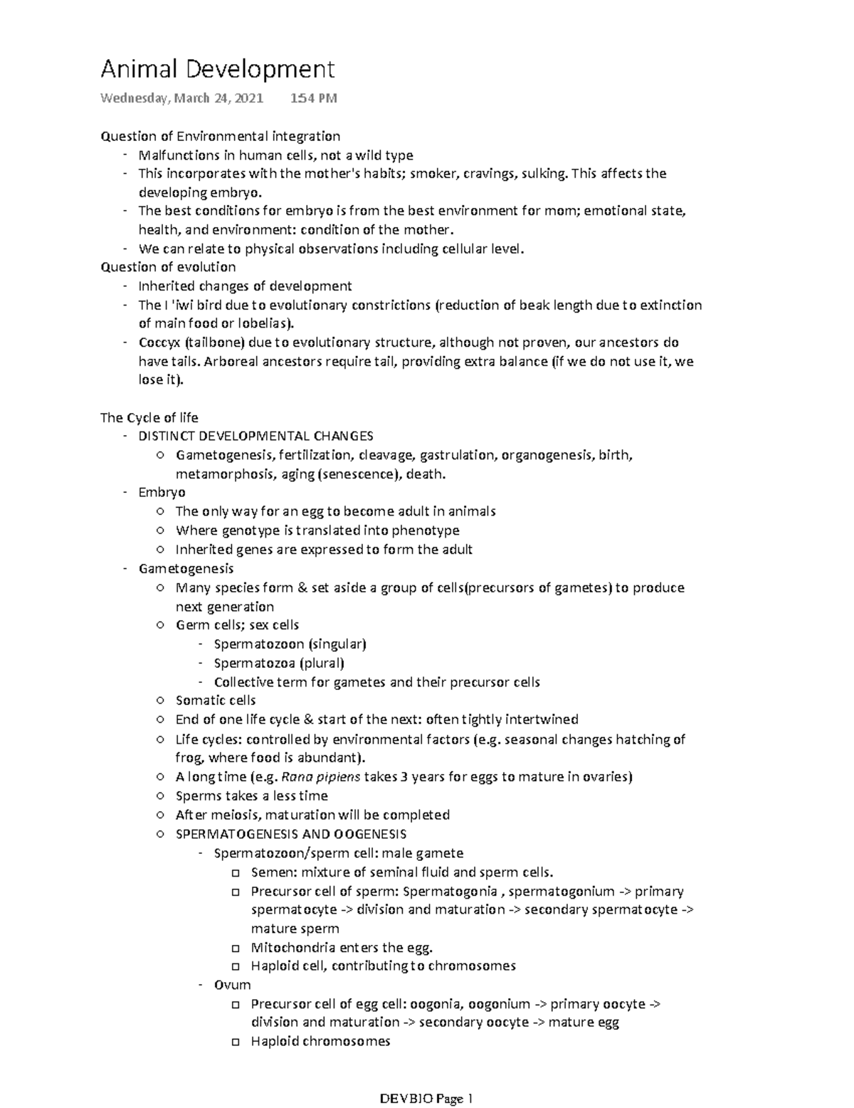 Developmental Biology Class Notes - Animal development (Cycle of Life ...