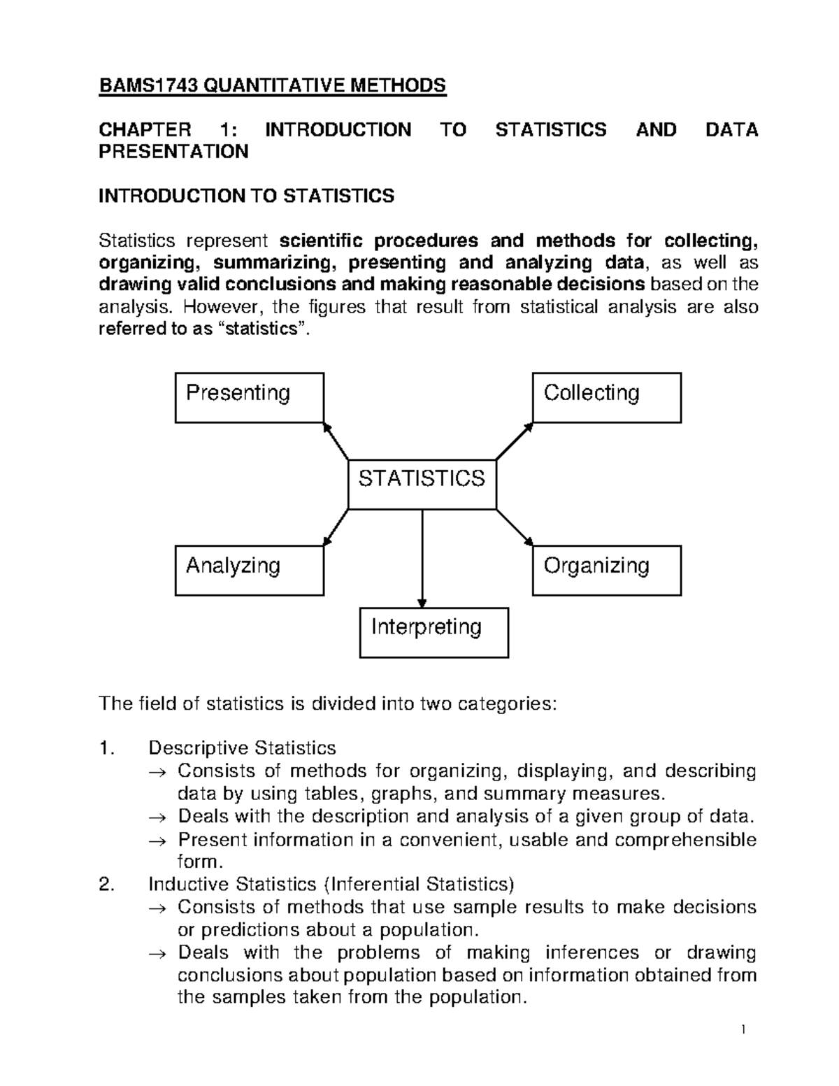 1743 Chapter 1 Data Presentation - BAMS17 43 QUANTITATIVE METHODS CHAPTER 1: INTRODUCTION TO ...