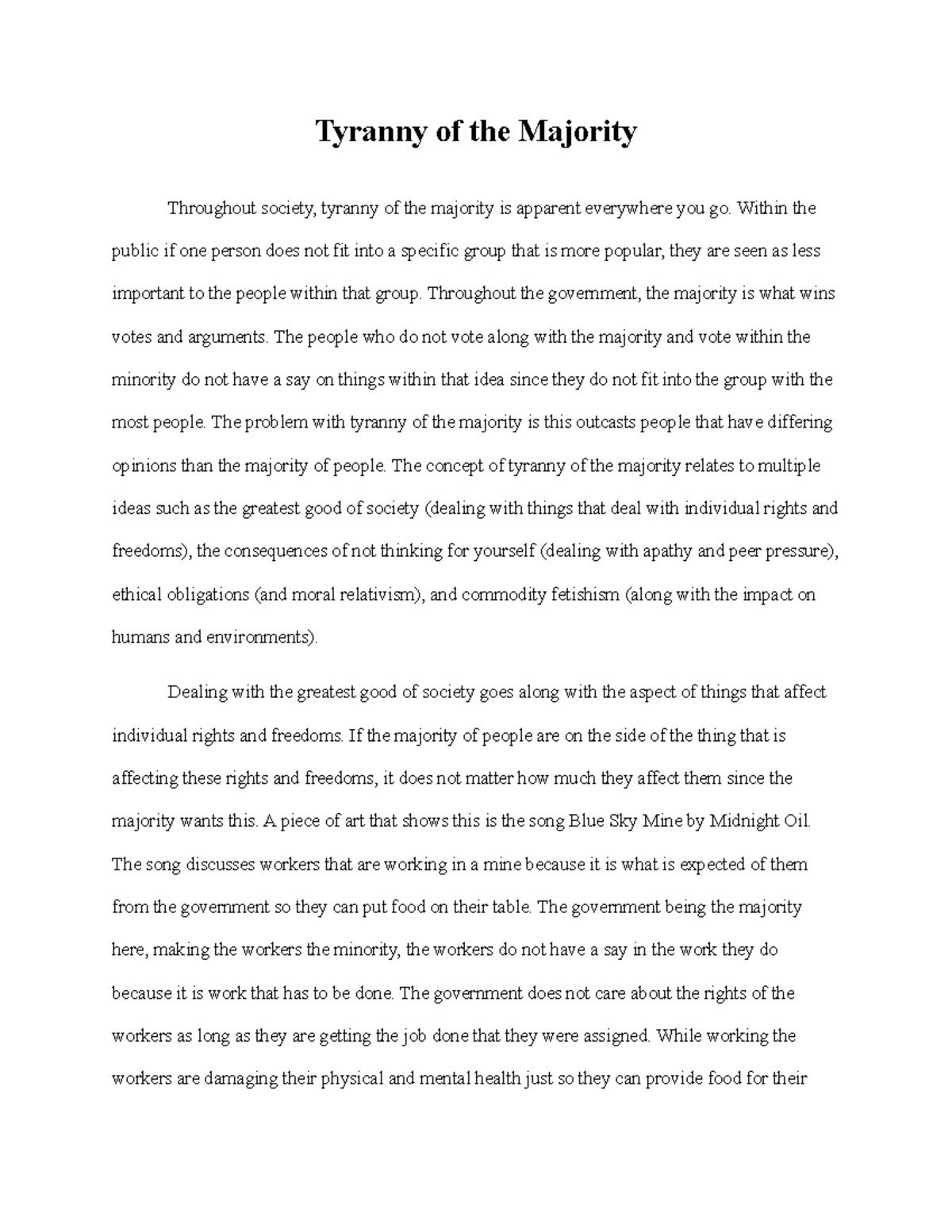 Critical Review PSC 394 - Tyranny of the Majority Throughout society ...