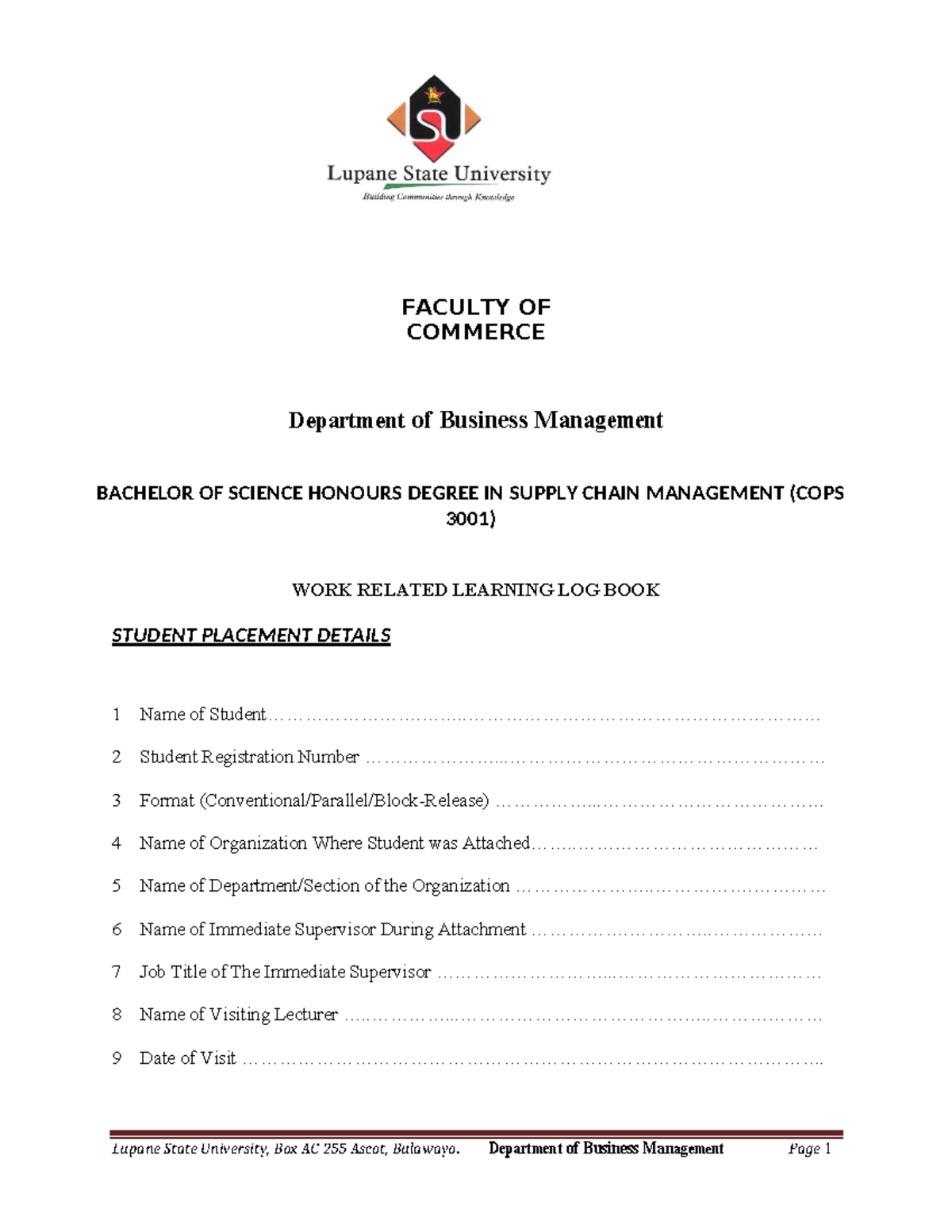 SCM Student LOG BOOK - My document - FACULTY OF COMMERCE Department of ...