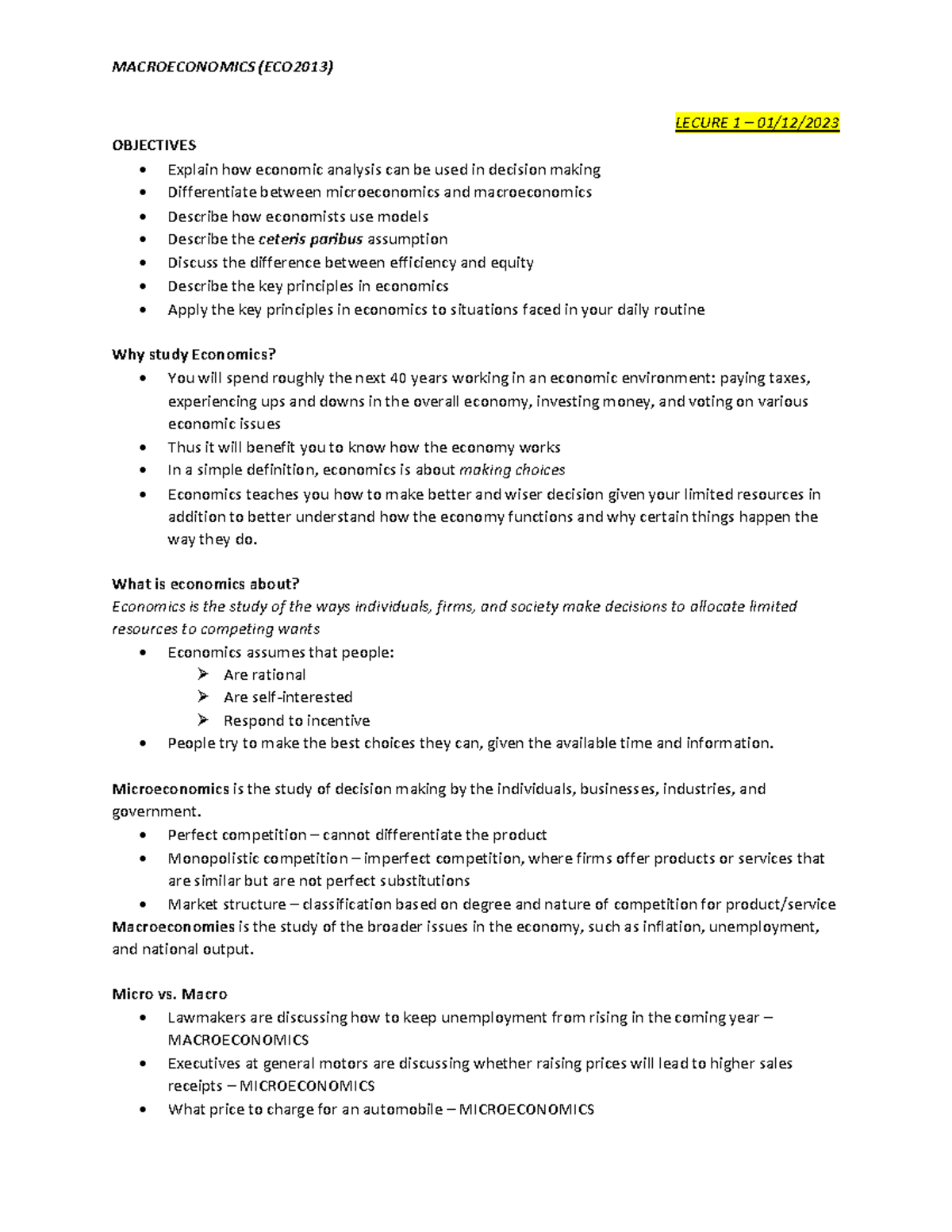 Macroeconomics - Complete lecture notes for chapters 1-4 covered in ... Macroeconomics - Complete lecture notes for chapters 1-4 covered in ...