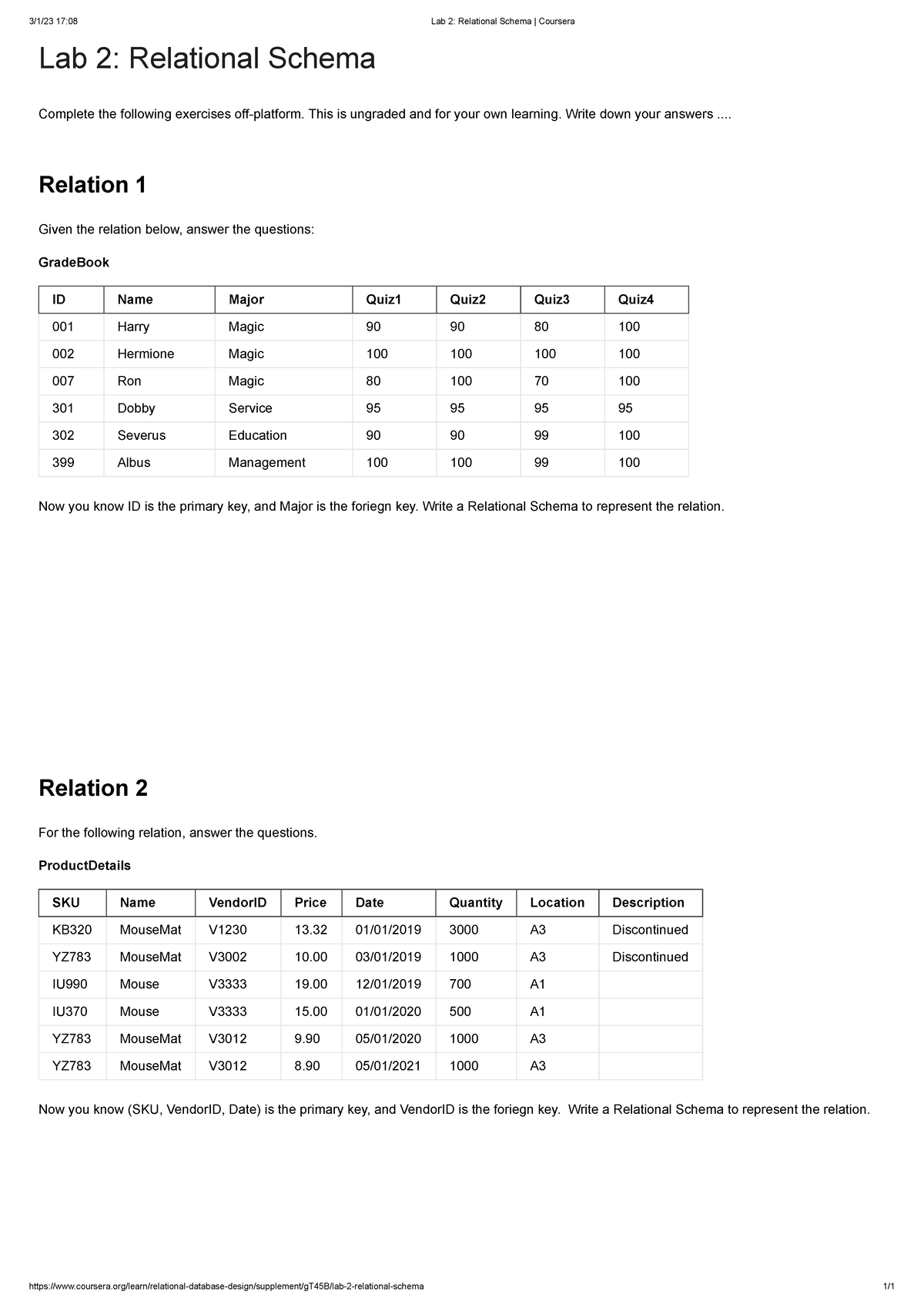 Week 2 - Lab 2 Relational Schema - 3/1/23 17:08 Lab 2: Relational Schema | Coursera - Studocu