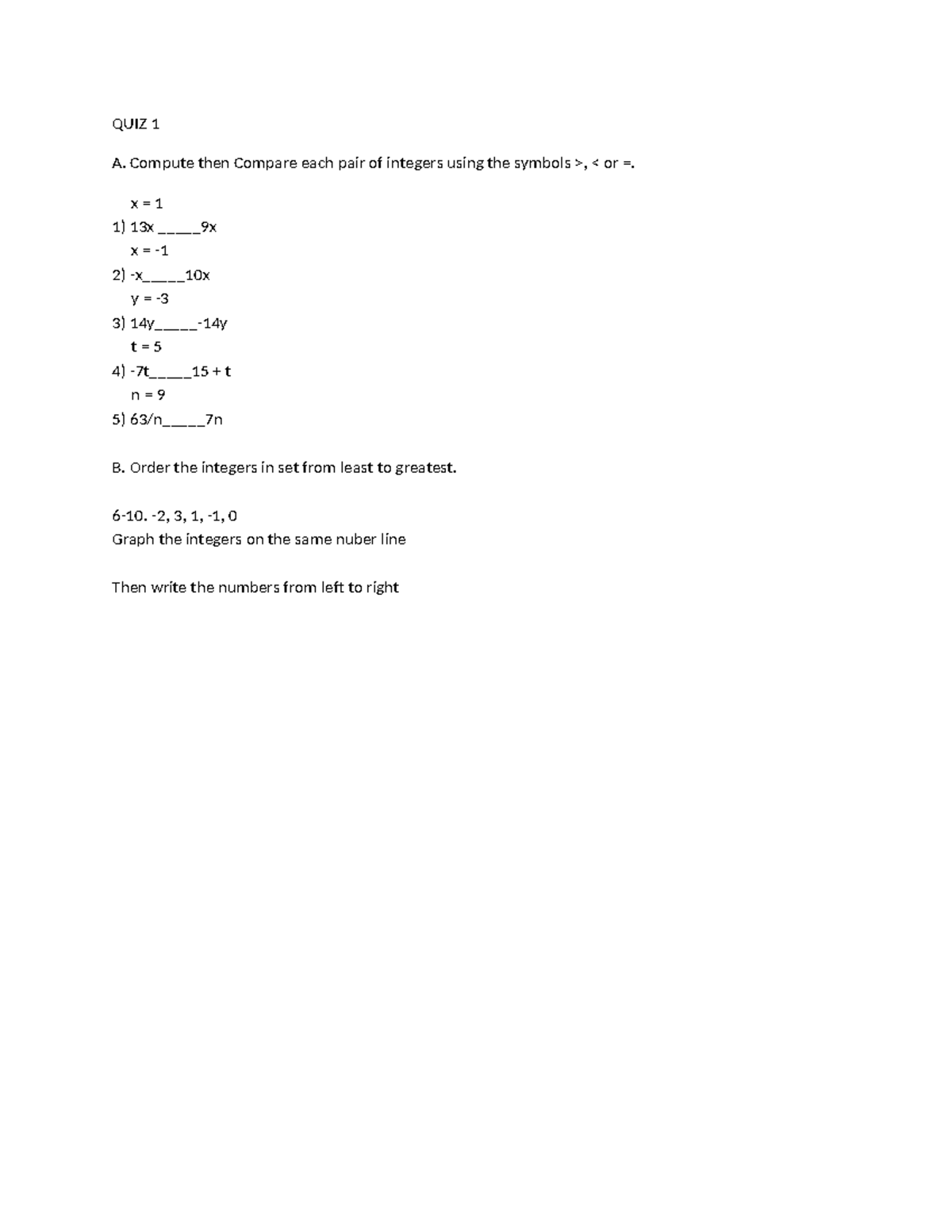 Formative and summative - QUIZ 1 A. Compute then Compare each pair of ...