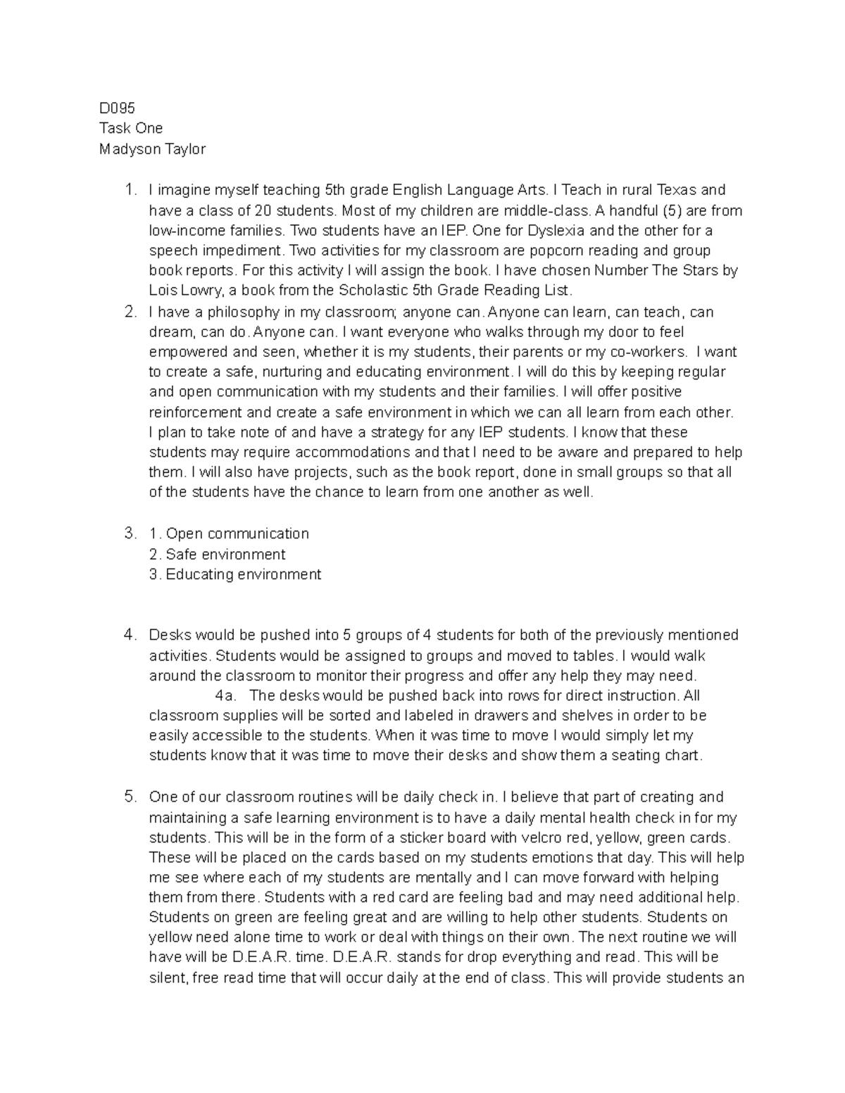 D095 Task 1 - coursework - D Task One Madyson Taylor 1. I imagine ...