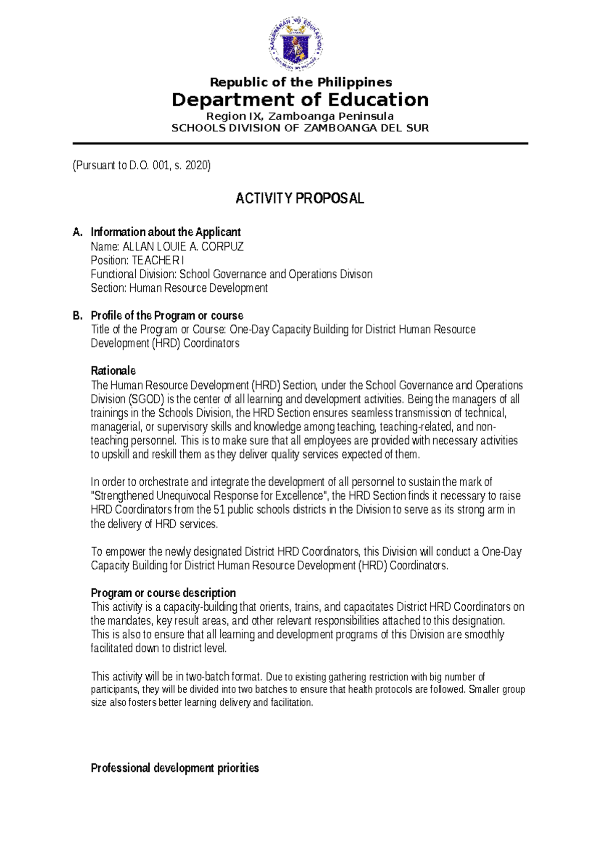 Activity Proposal for HRD Coors - Department of Education Region IX ...
