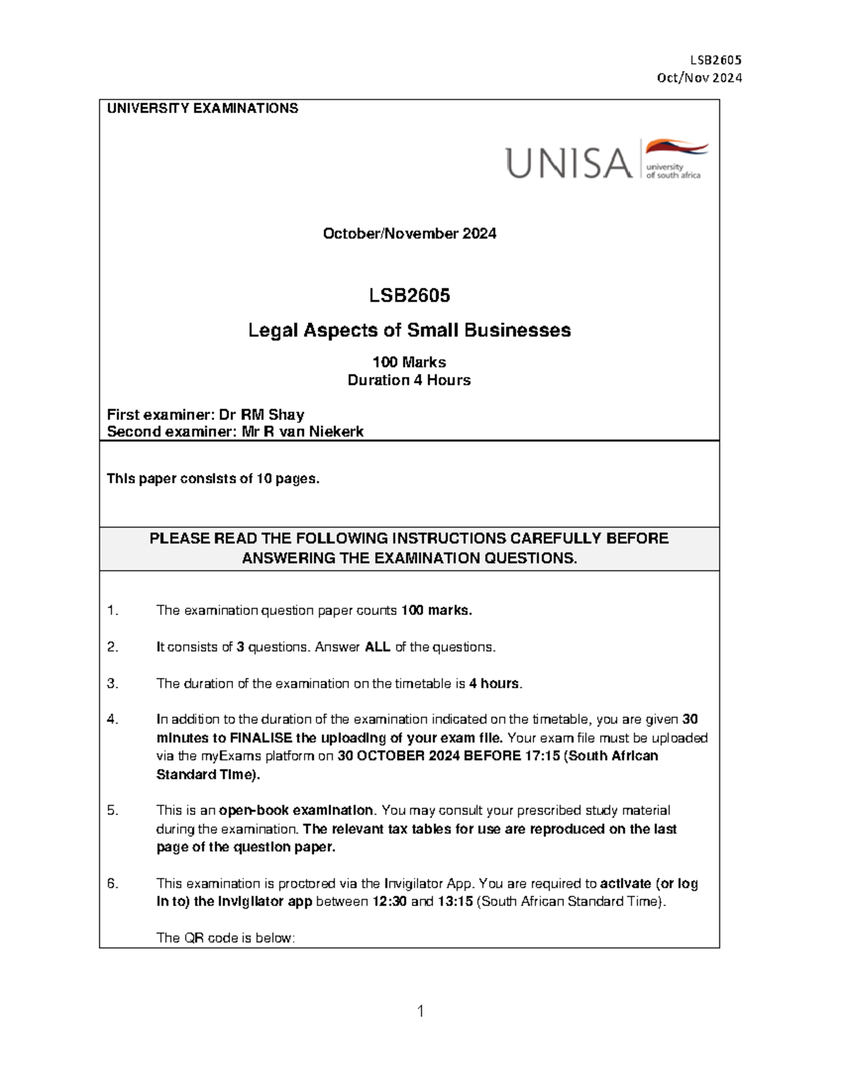 LSB2605 2024 October Exam for QA - Oct/Nov 2024 UNIVERSITY EXAMINATIONS October/November 2024 ...