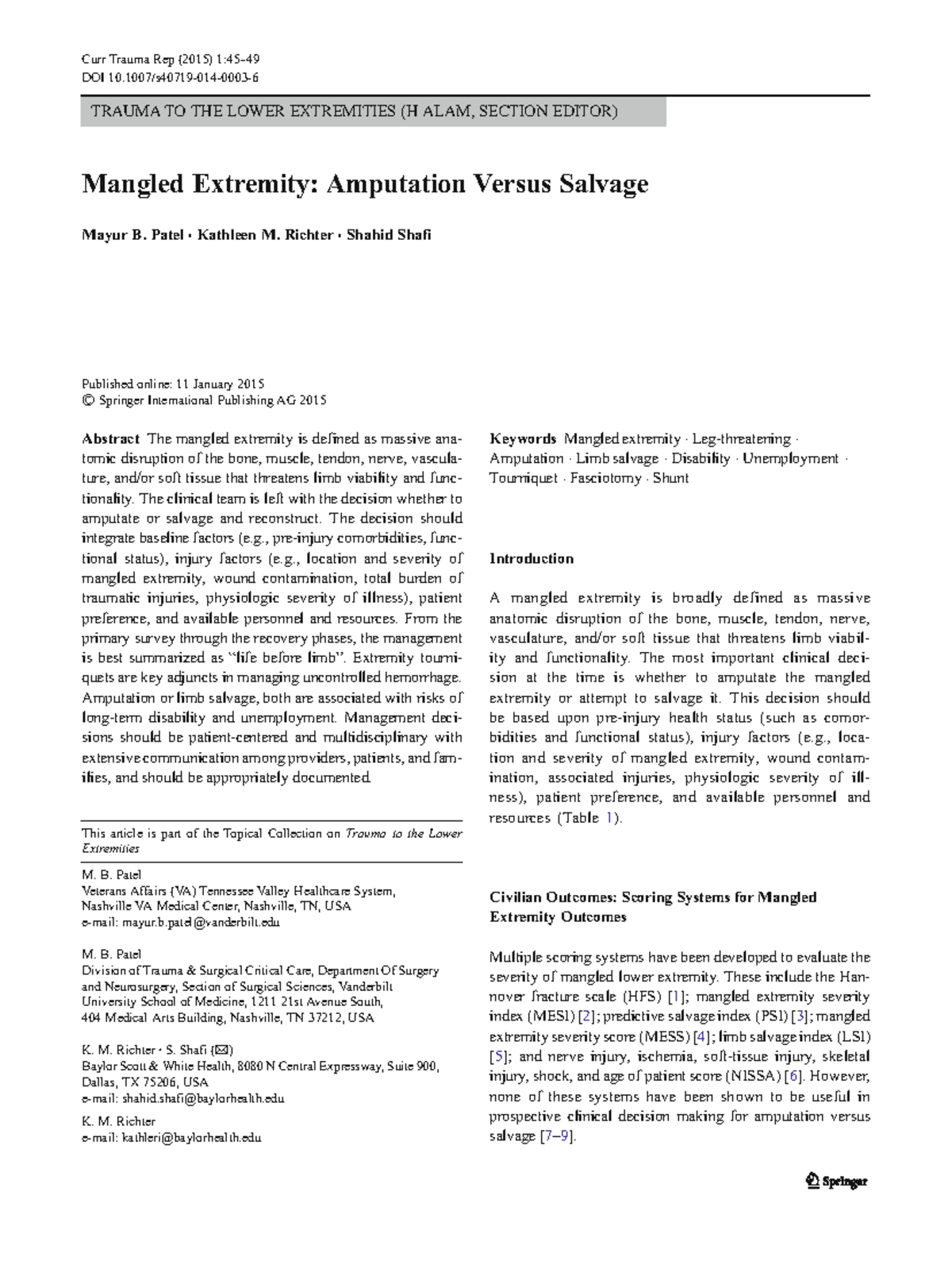 Mangled Extremity Amputation Versus Salv - TRAUMA TO THE LOWER ...