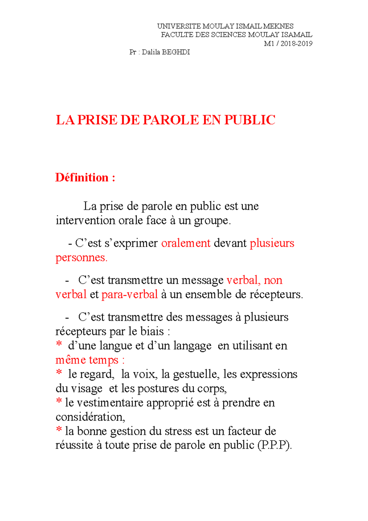 LA Prise DE Parole EN Public Cours Final - FACULTE DES SCIENCES MOULAY ...