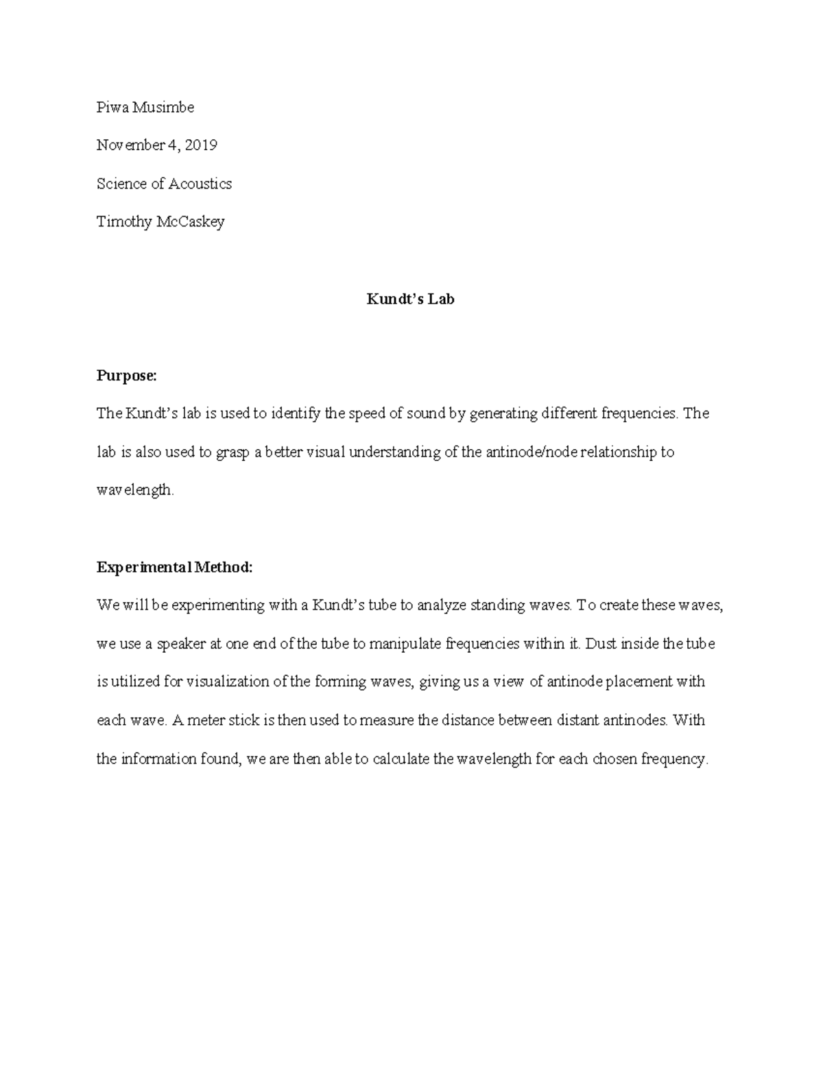 SOA Kundt's Lab - Piwa Musimbe November 4, 2019 Science of Acoustics ...