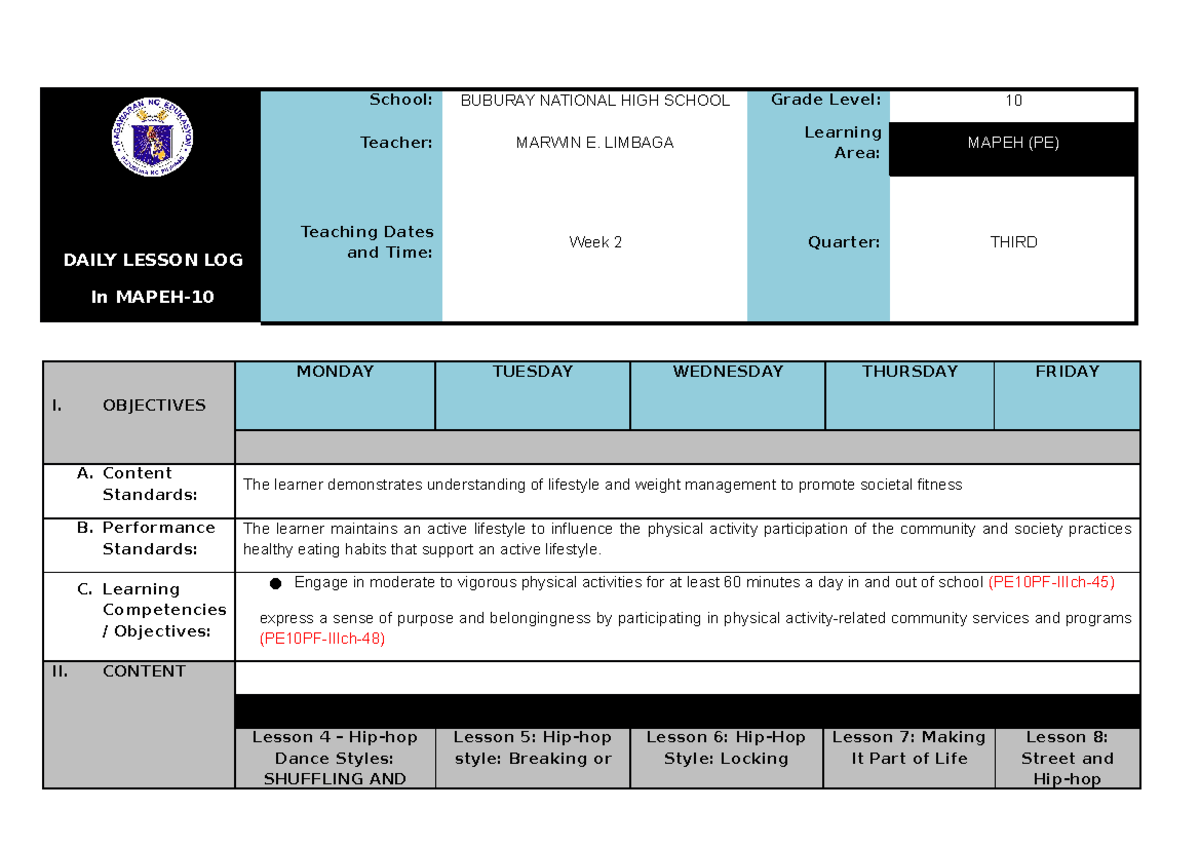 Q3 DLL-PE10-Week2 - Physical Education DLL - DAILY LESSON LOG In MAPEH ...