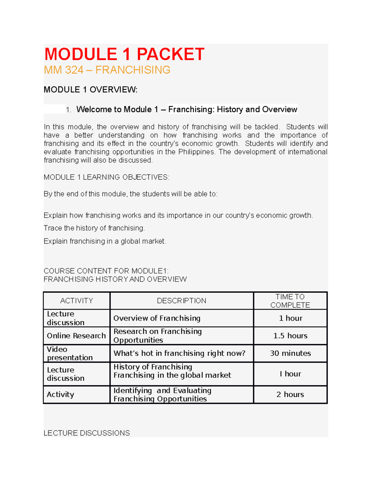 Franchising 1-2 - MODULE 1 PACKET MM 324 – FRANCHISING MODULE 1 ...