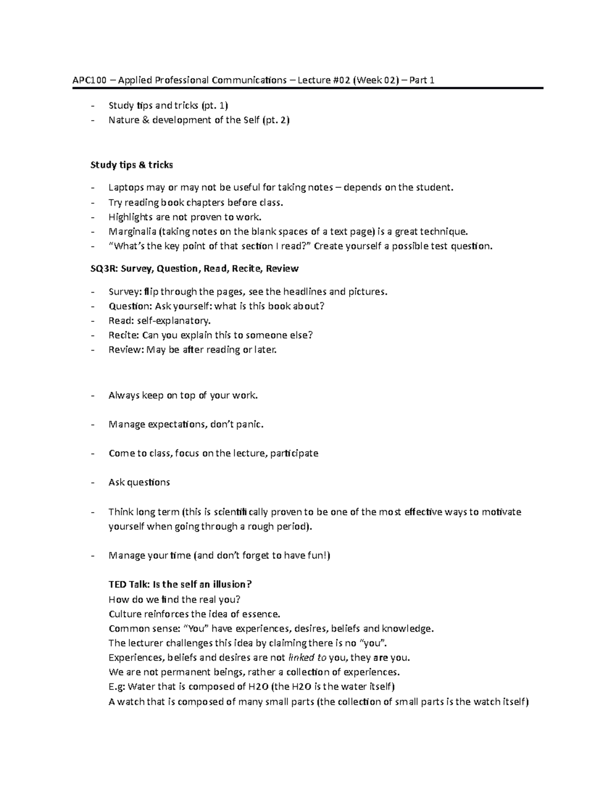 APC100 Lecture 2 (part 1) - APC100 – Applied Professional ...