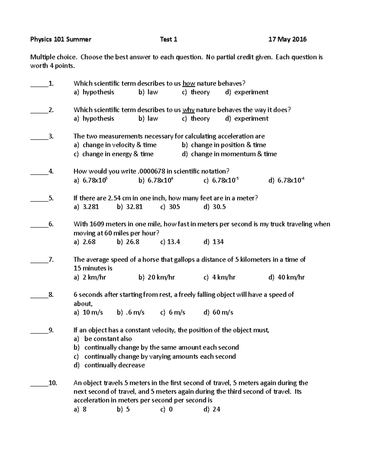 Physics 101 Practice Test 1 - Physics 101 Summer Test 1 17 May 2016 ...