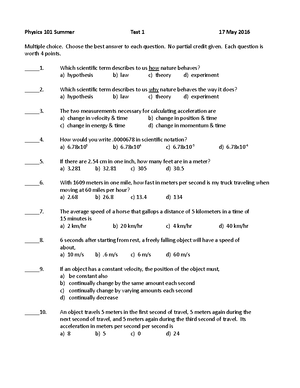Physics 101 Practice Test 3 - Physics 101 Test 3 31 May 2016 Multiple ...