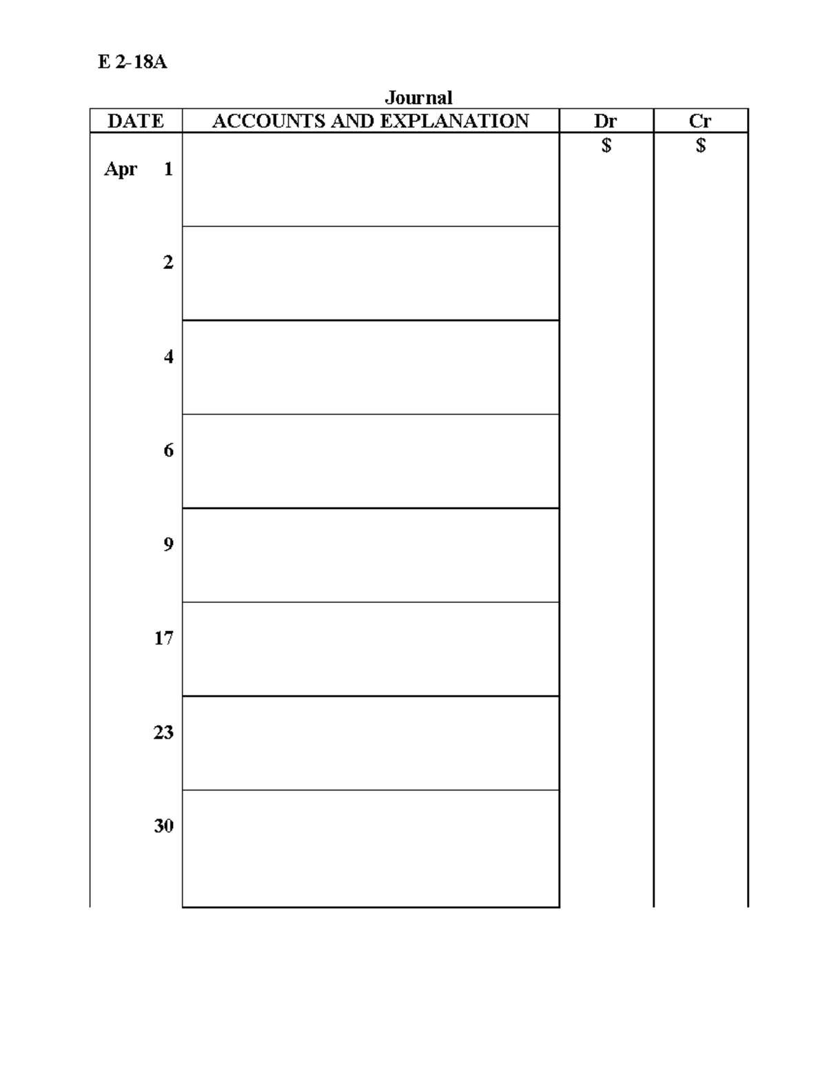 Template for E2-18A E2-19A - E 2-18A J ournal DATE ACCOUNTS AND ...