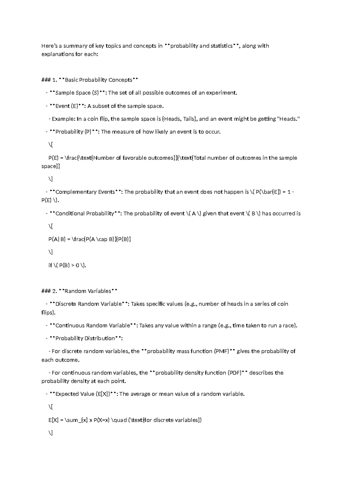 Probability and stats - Here’s a summary of key topics and concepts in ...