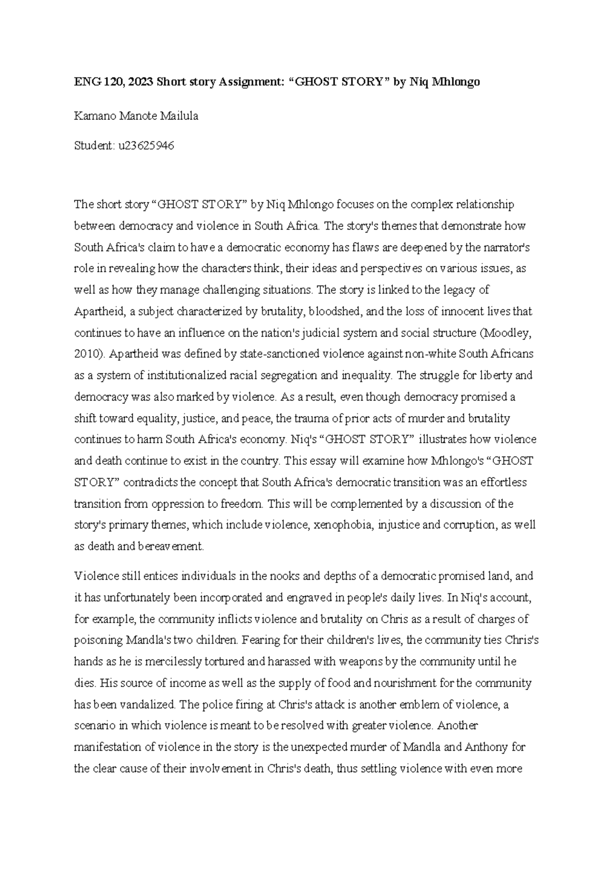 ENG 120 Short Short Assignment Ghost Story by Niq Mhlongo - ENG 120 ...