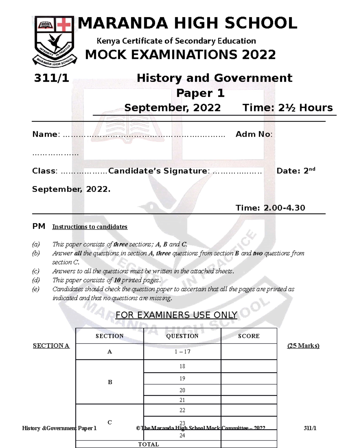 History-Government-P1-QS-Maranda-High-School-Mock-2022 - 1 MARANDA HIGH SCHOOL Kenya Certificate ...