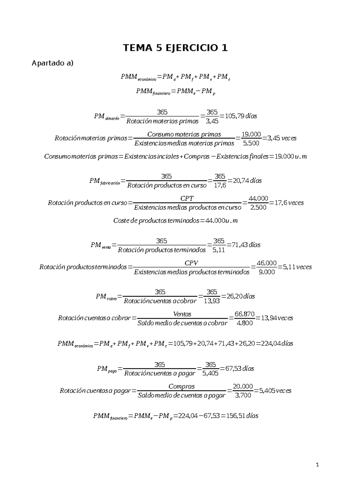 Tema 5, Ejercicio 1 - tema 5 ejercico 1 - TEMA 5 EJERCICIO 1 Apartado a) PMM económico=PM a+ PM ...