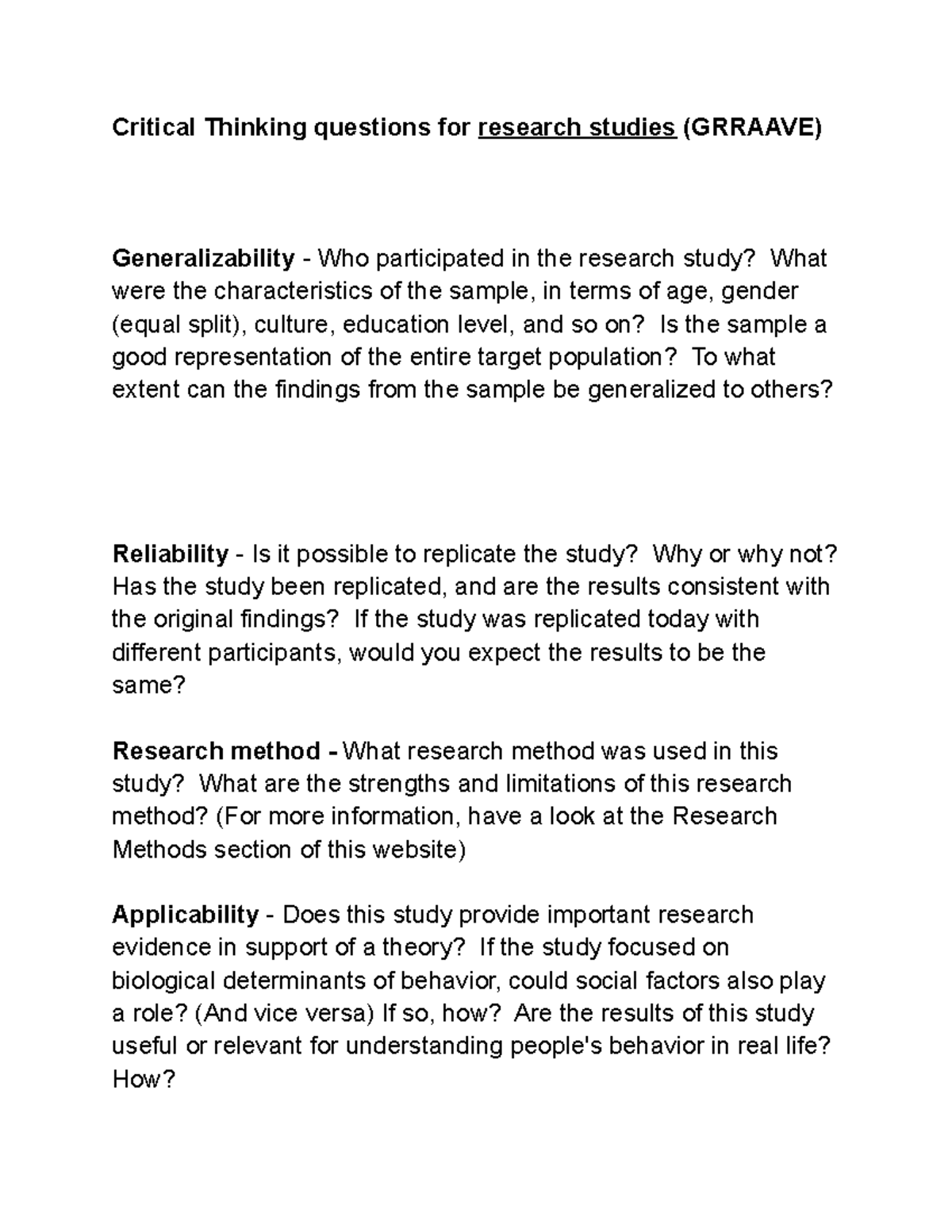 Evaluating studies guideline - Critical Thinking questions for research ...